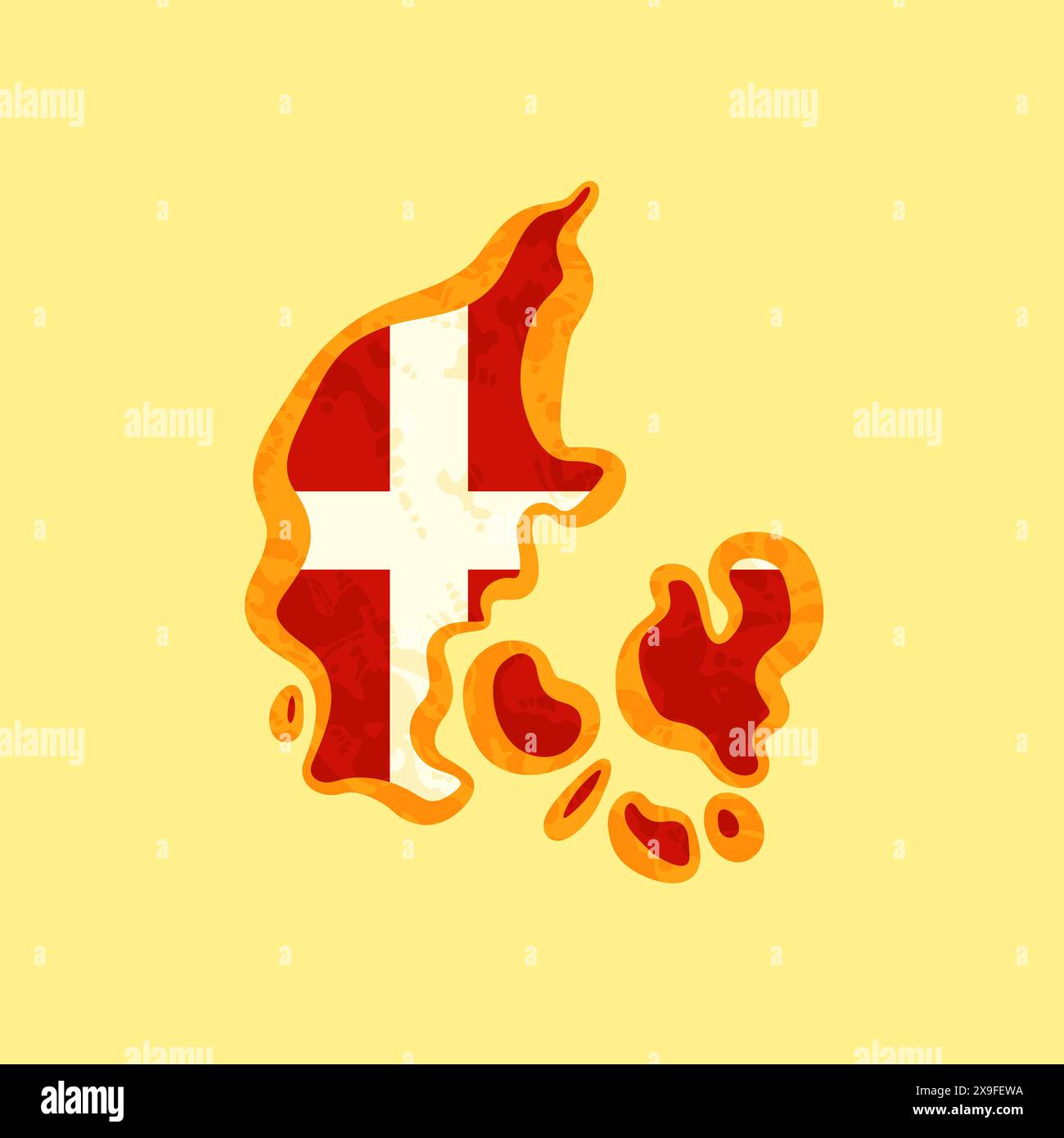 Map of Denmark colored with Danish flag and marked with golden line in grunge vintage style ...