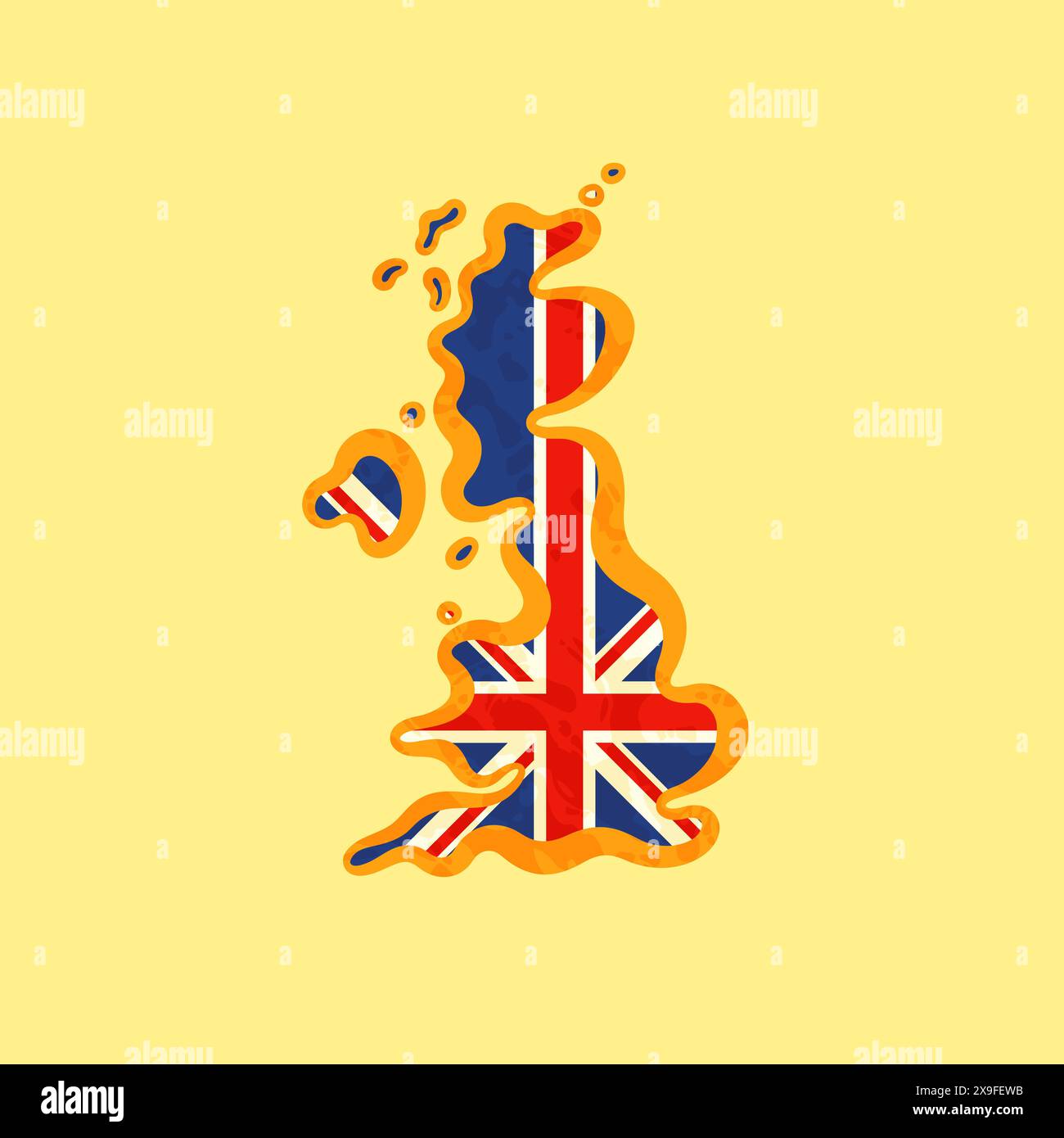 Map of United Kingdom colored with British flag and marked with golden ...