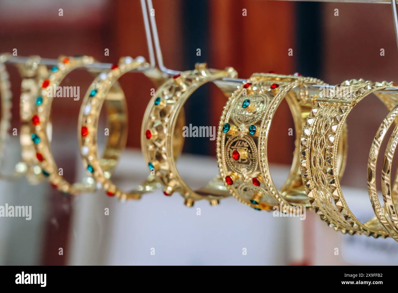 Stunning gold bracelets at the gold market in Doha, Qatar Stock Photo ...
