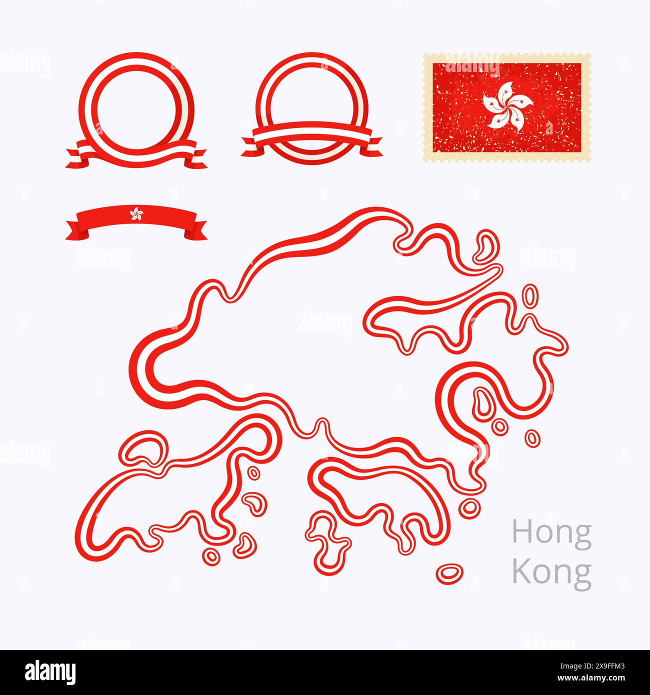 Outline map of Hong Kong. Border is marked with ribbon in national ...