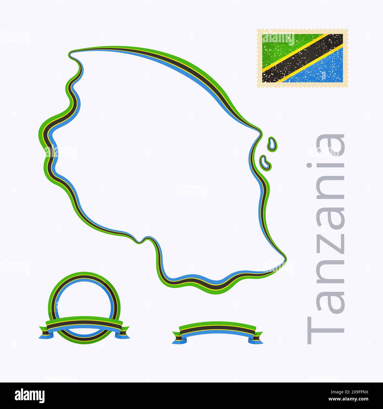 Outline map of Tanzania. Border is marked with ribbon in national ...