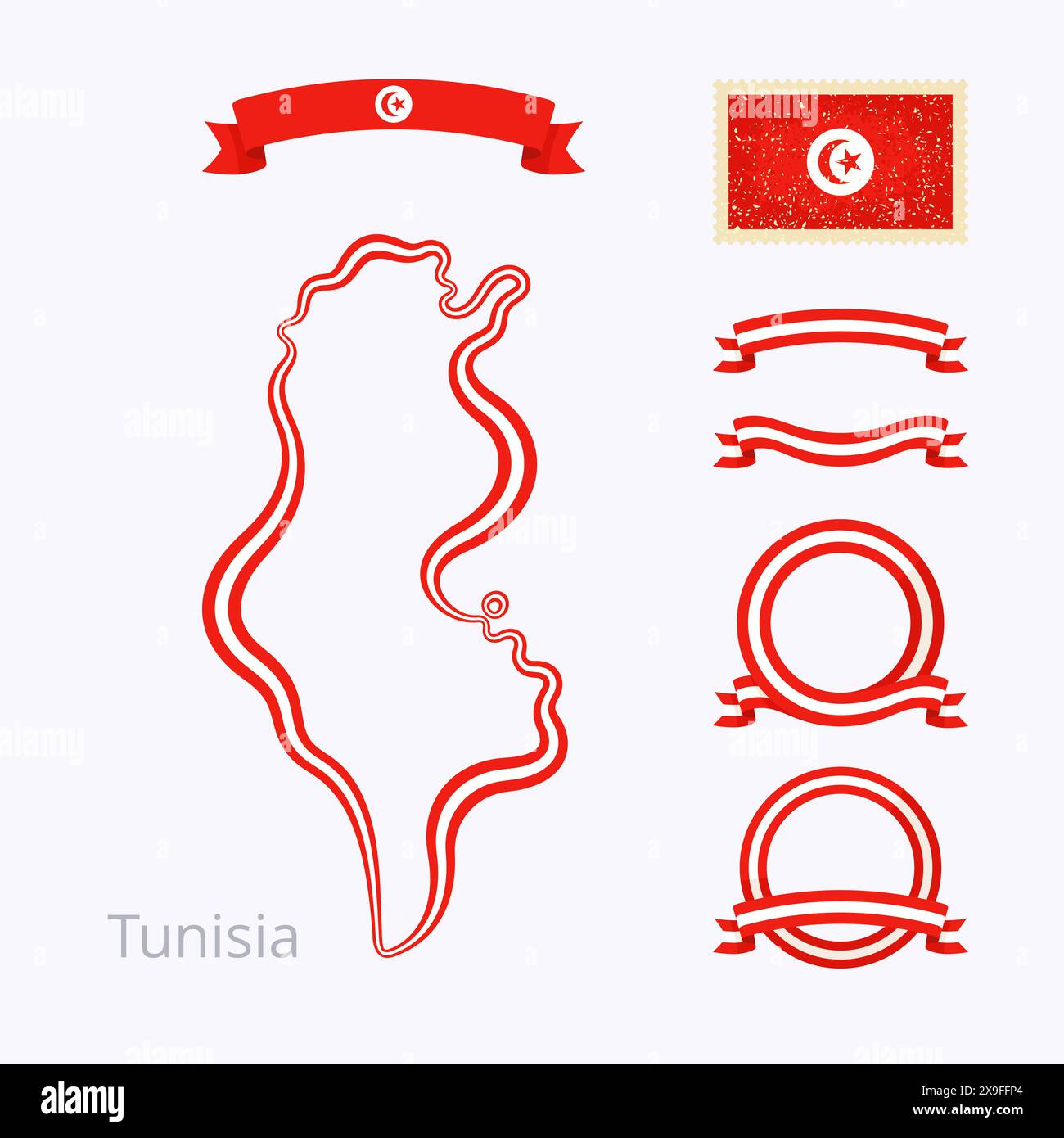 Outline map of Tunisia. Border is marked with ribbon in national colors ...