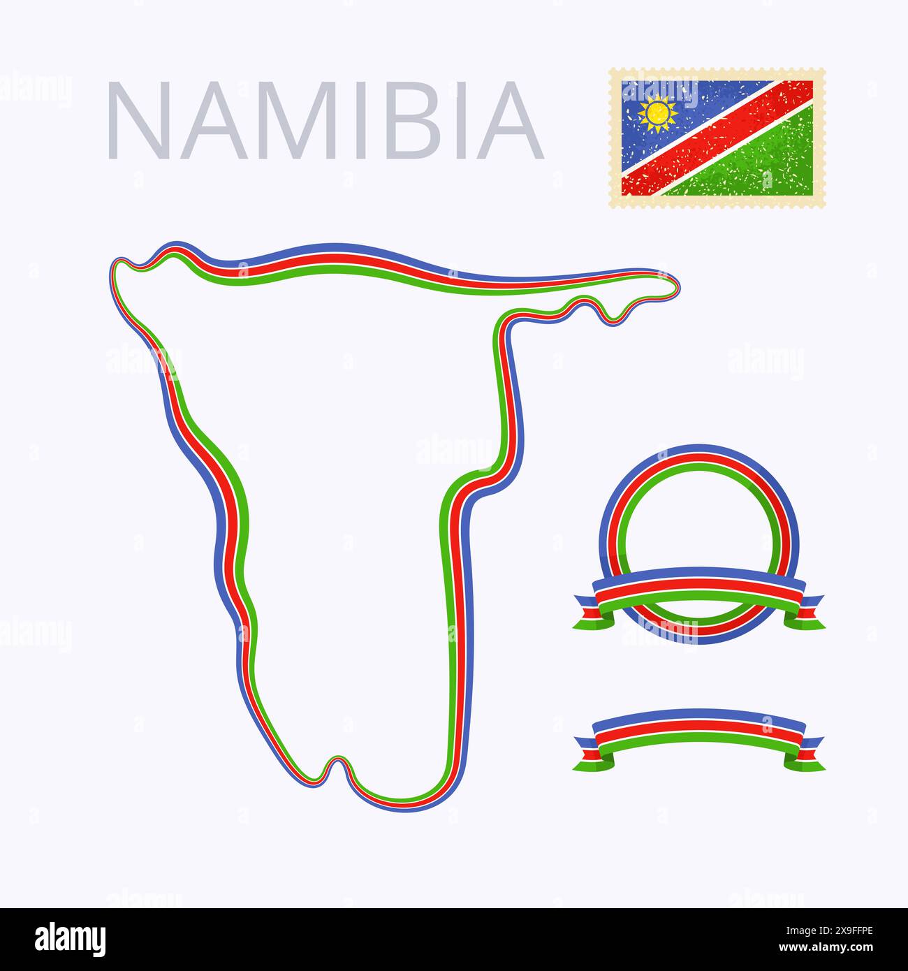 Outline map of Namibia. Border is marked with ribbon in national colors. The package contains ...