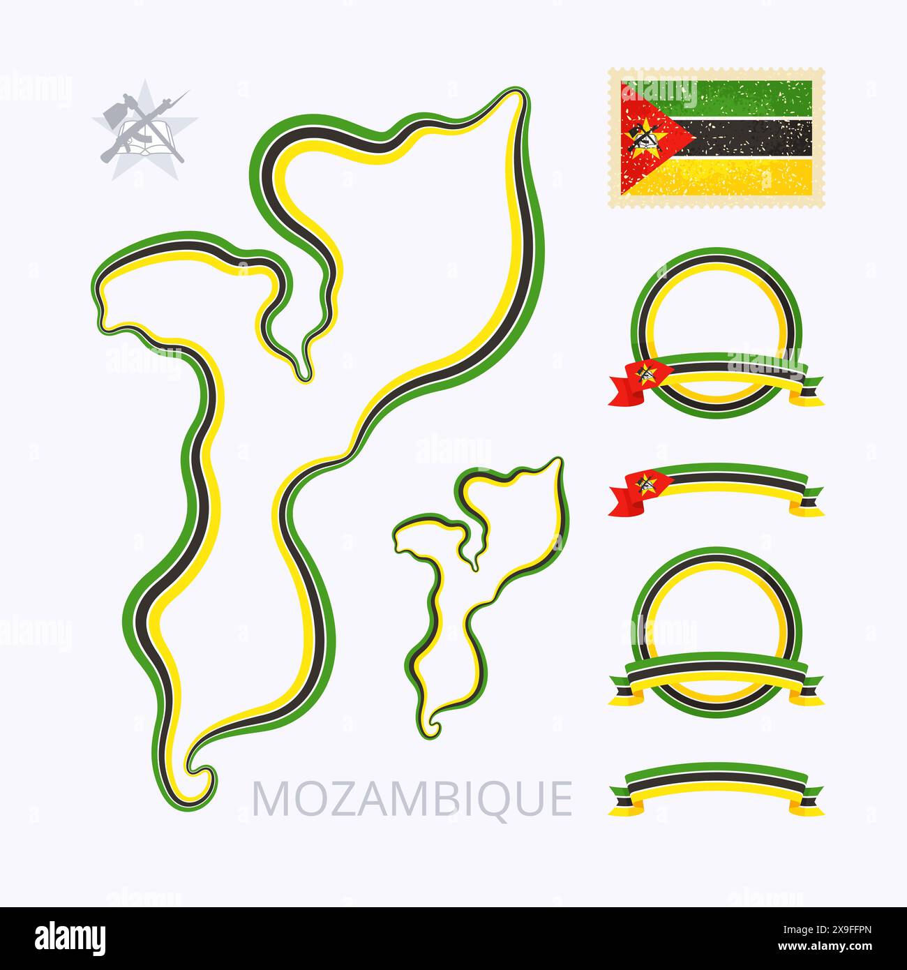 Outline map of Mozambique. Border is marked with ribbon in national ...