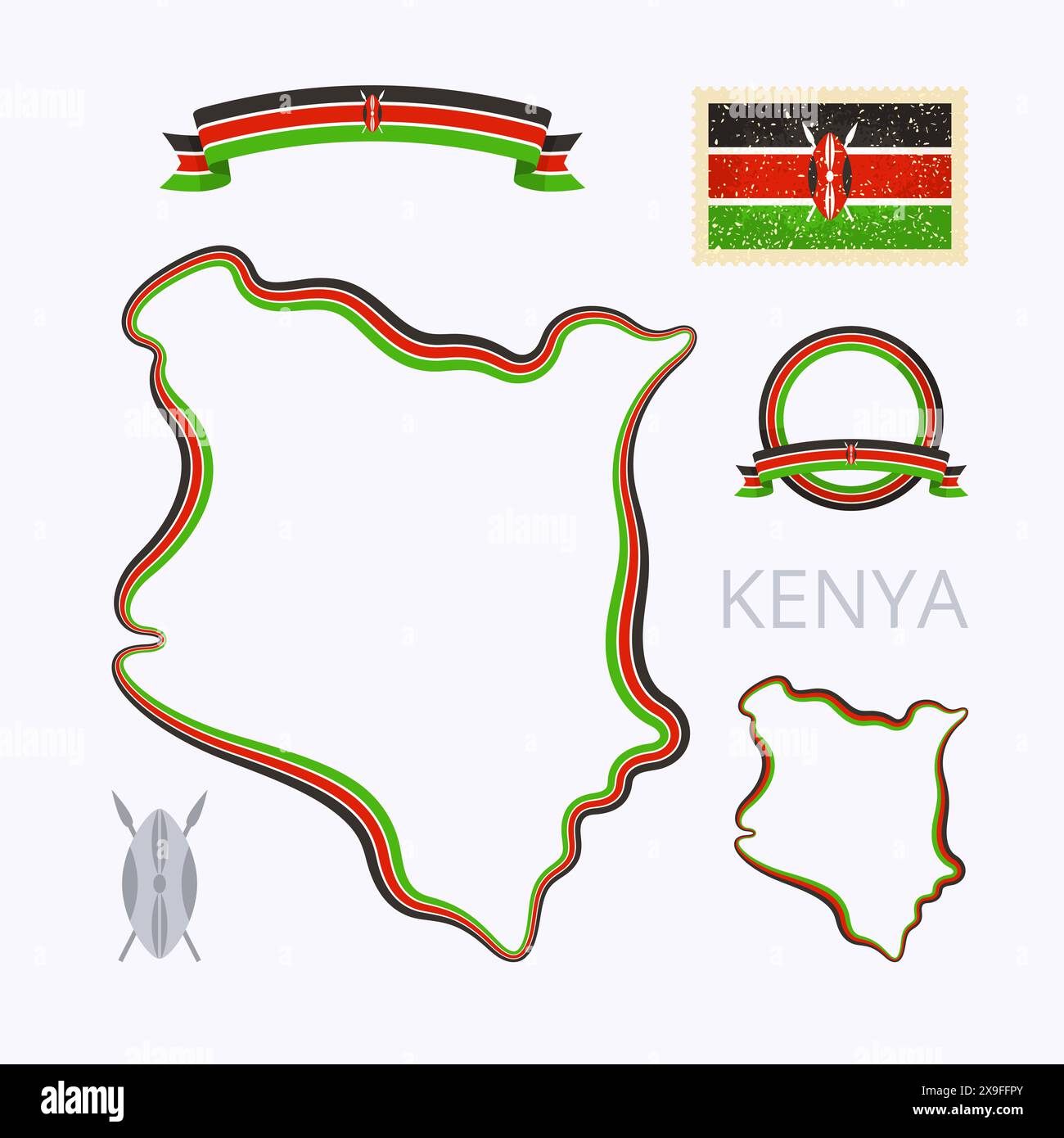 Outline map of Kenya. Border is marked with ribbon in national colors ...