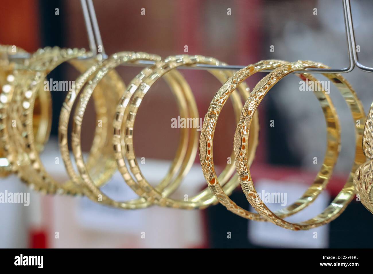 Stunning gold bracelets at the gold market in Doha, Qatar Stock Photo ...