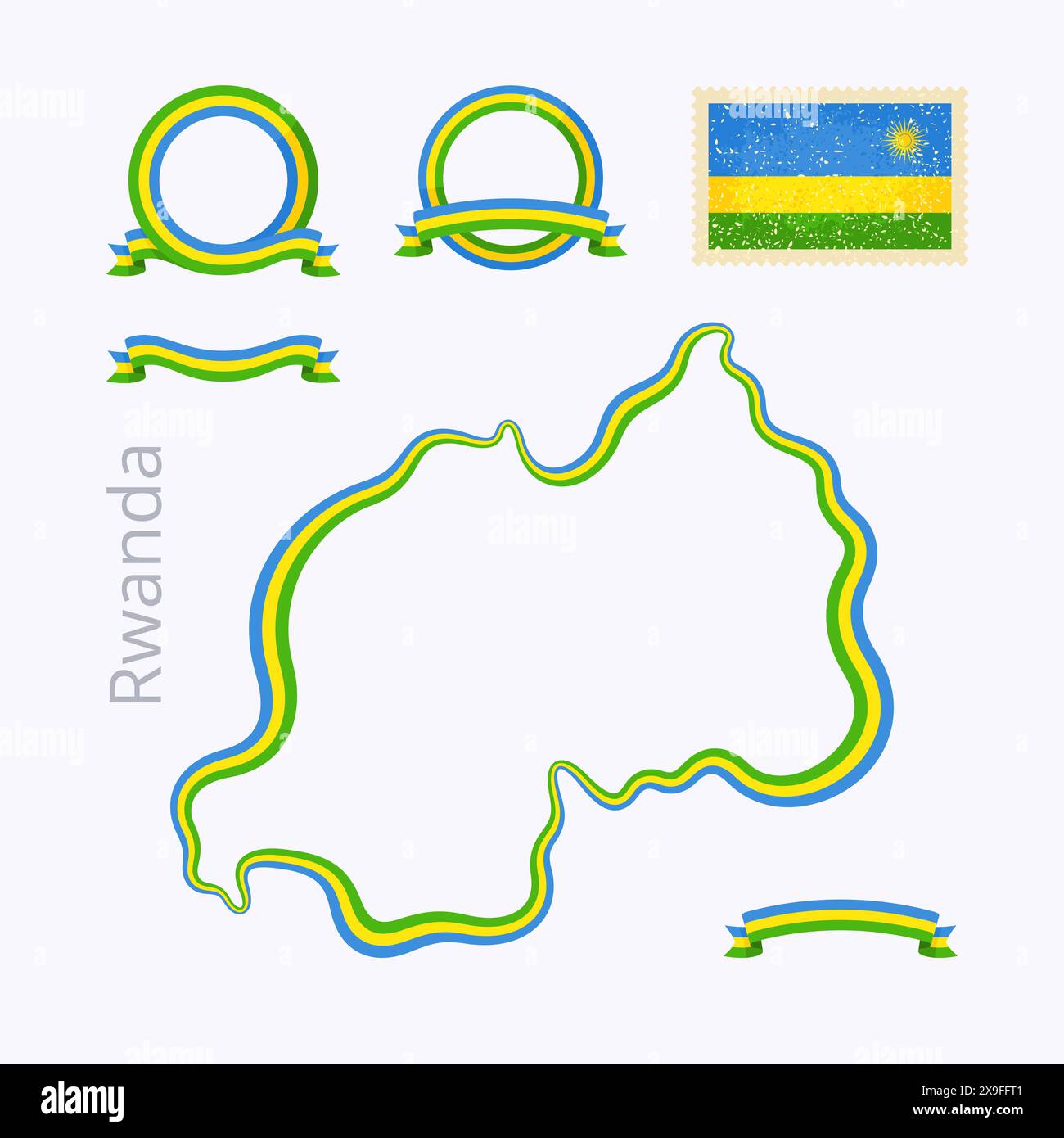 Outline map of Rwanda. Border is marked with ribbon in national colors ...