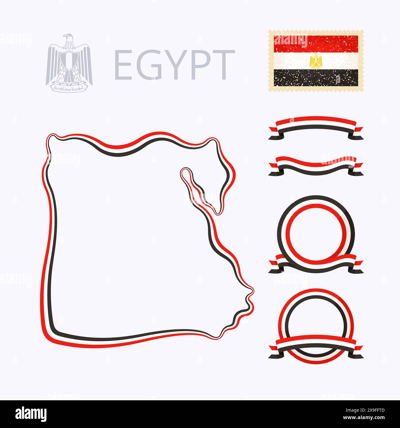 Outline map of Egypt. Border is marked with ribbon in national colors ...