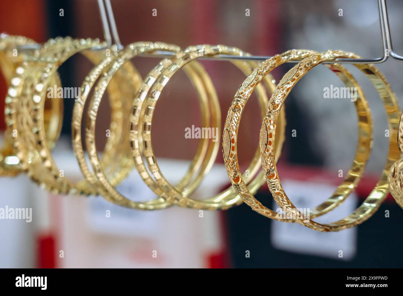 Stunning gold bracelets at the gold market in Doha, Qatar Stock Photo ...