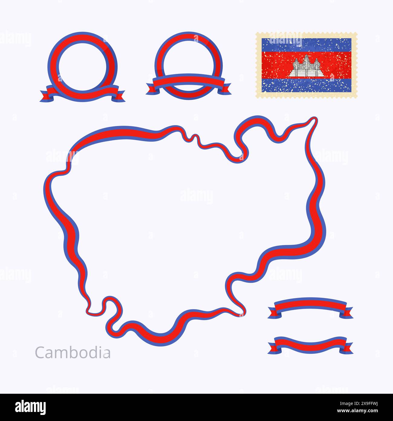 Outline map of Cambodia. Border is marked with ribbon in national ...