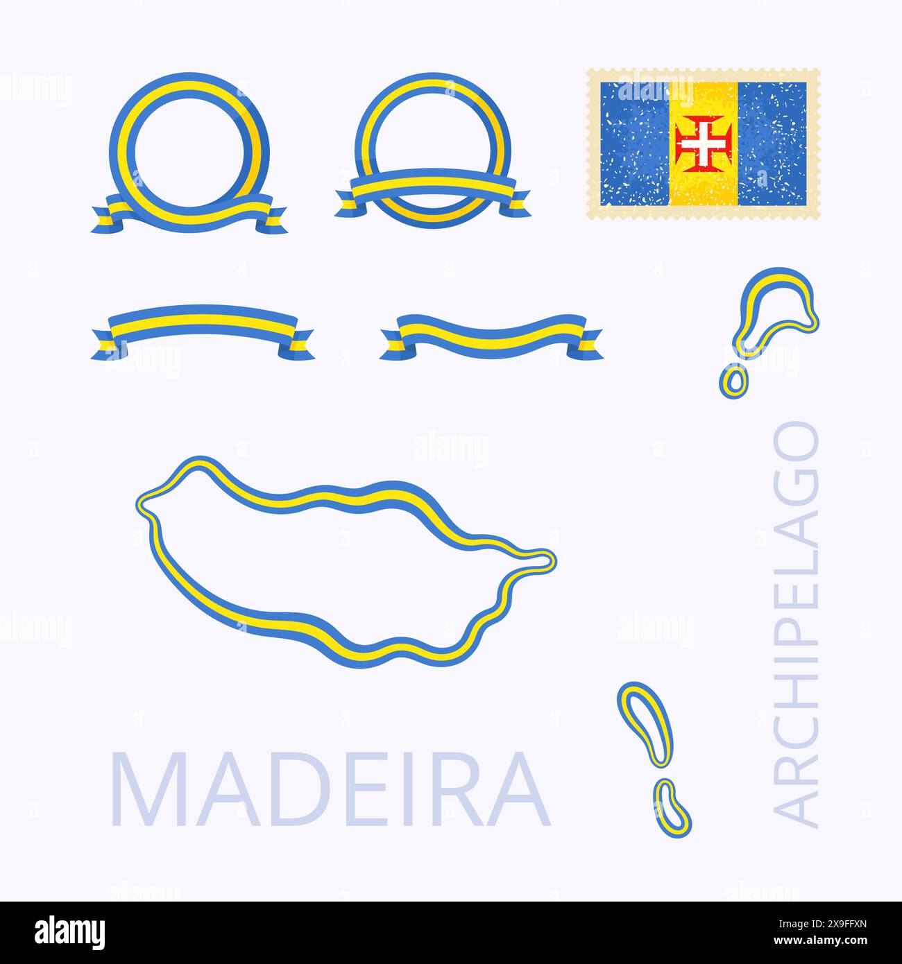 Outline map of Madeira. Border is marked with ribbon in national colors ...