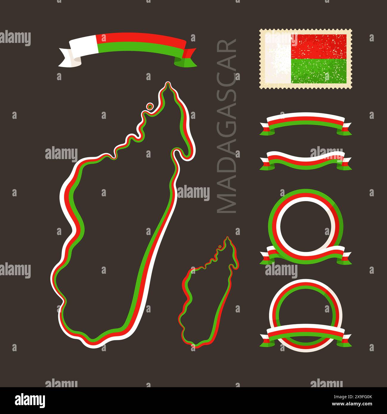 Outline map of Madagascar. Border is marked with ribbon in national ...