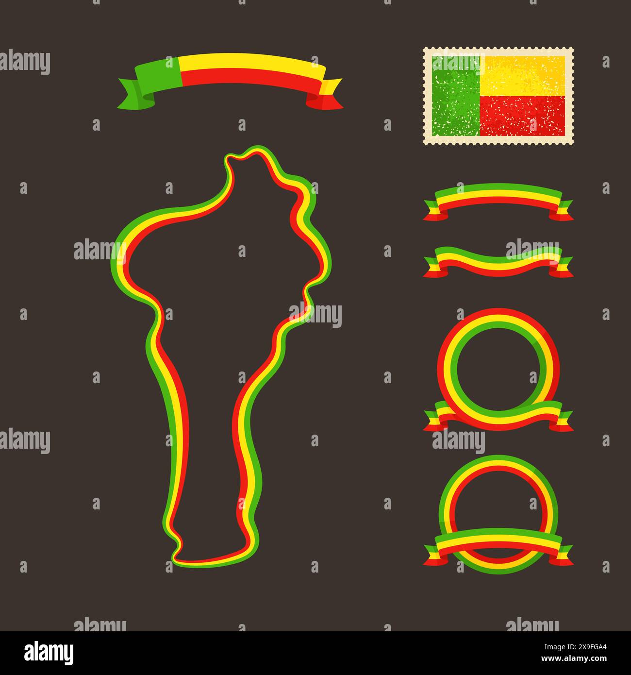 Outline map of Benin. Border is marked with ribbon in national colors ...