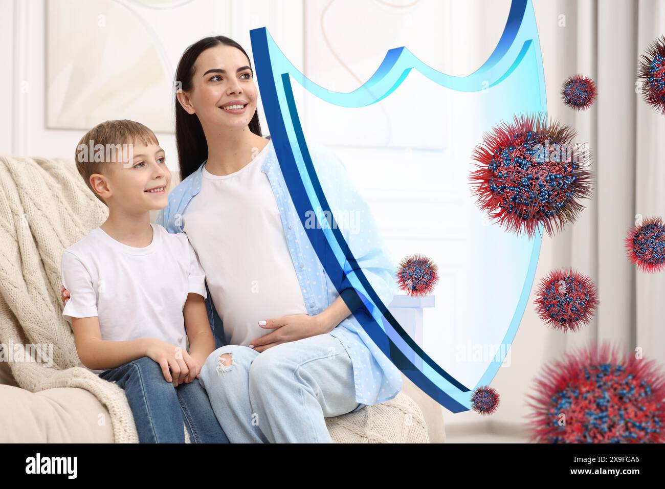 Happy mother with her son at home. Shield blocking viruses ...
