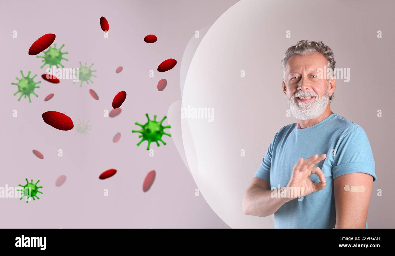 Man with strong immunity due to vaccination surrounded by viruses on ...