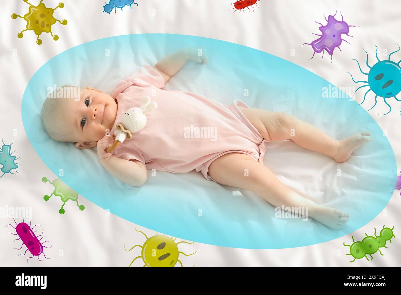 Cute little baby with strong immunity on bed. Bubble around child ...