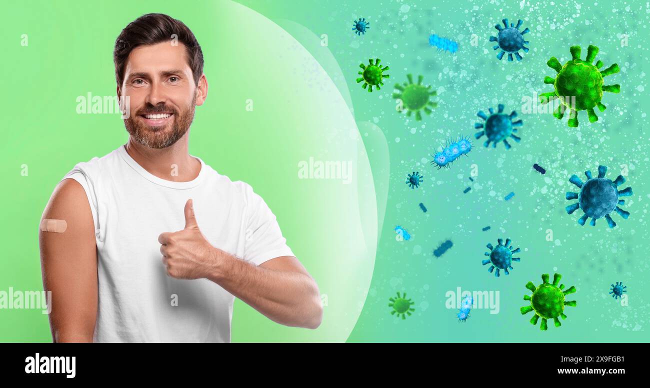 Man with strong immunity due to vaccination surrounded by viruses on ...