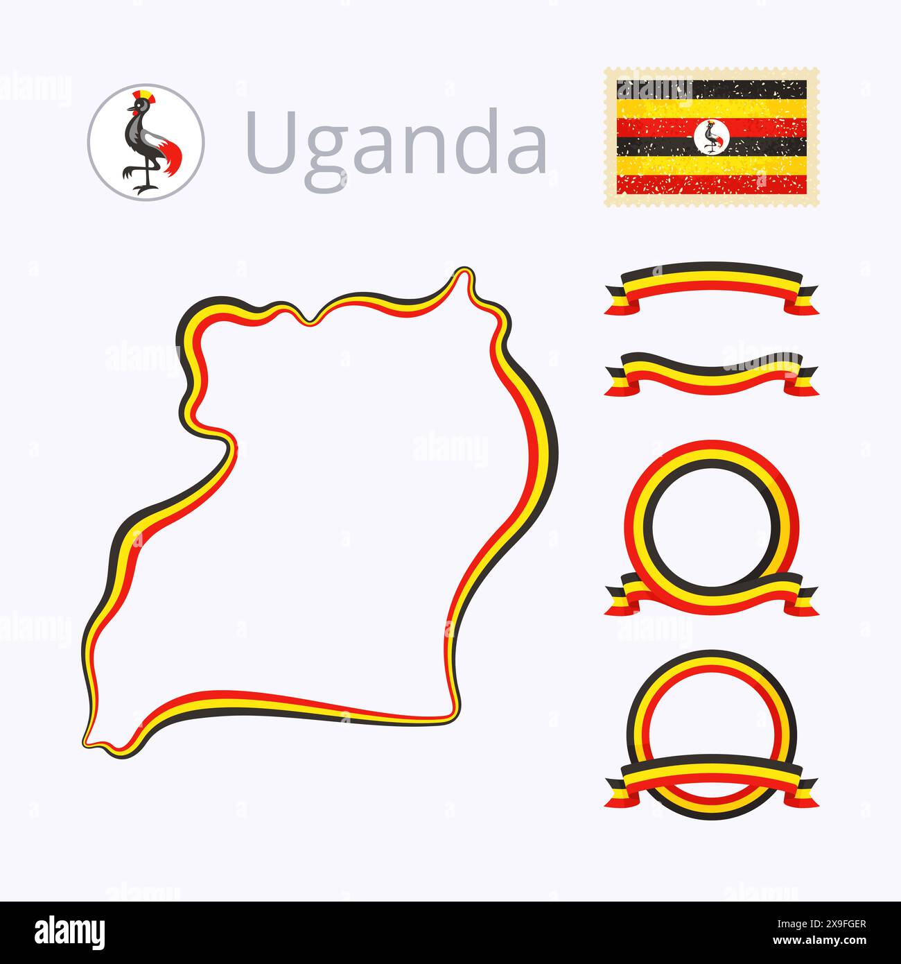 Outline map of Uganda. Border is marked with ribbon in national colors ...