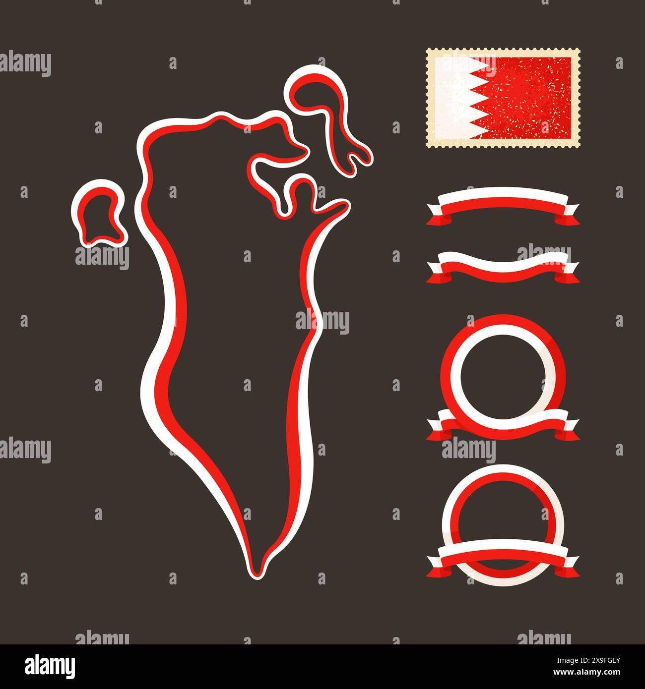 Outline map of Bahrain. Border is marked with ribbon in national colors ...