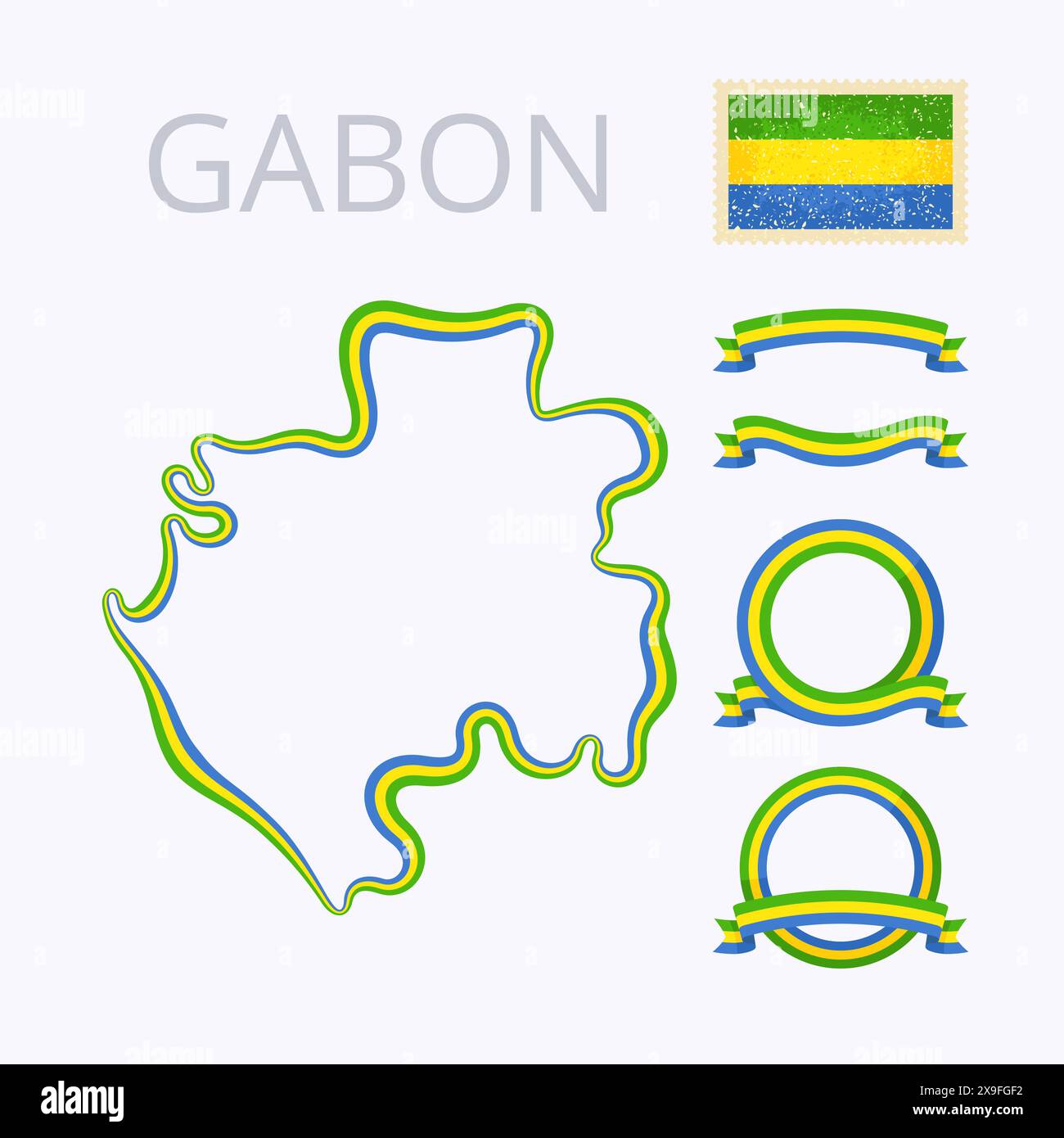 Outline map of Gabon. Border is marked with ribbon in national colors ...
