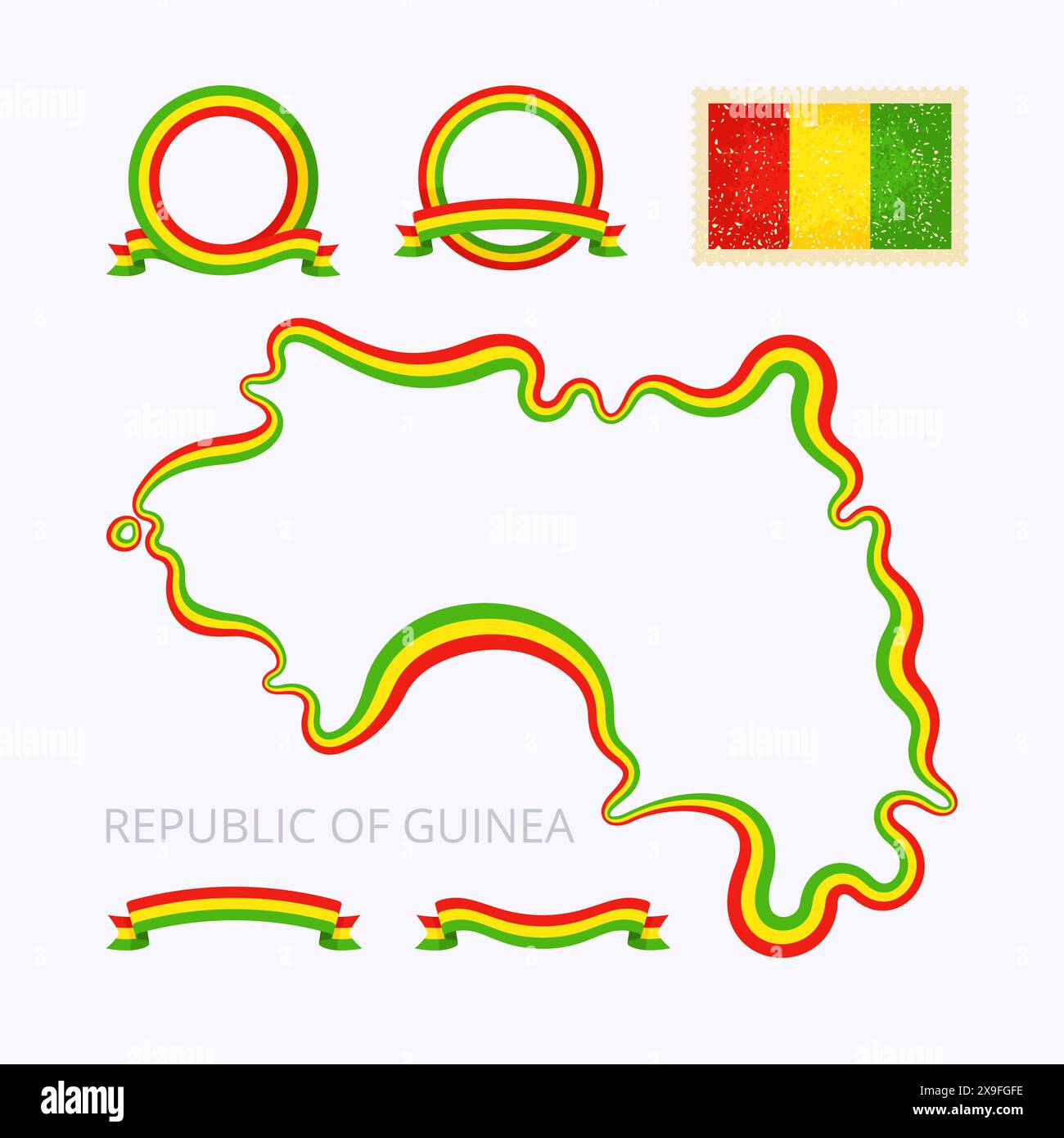 Outline map of Guinea. Border is marked with ribbon in national colors ...