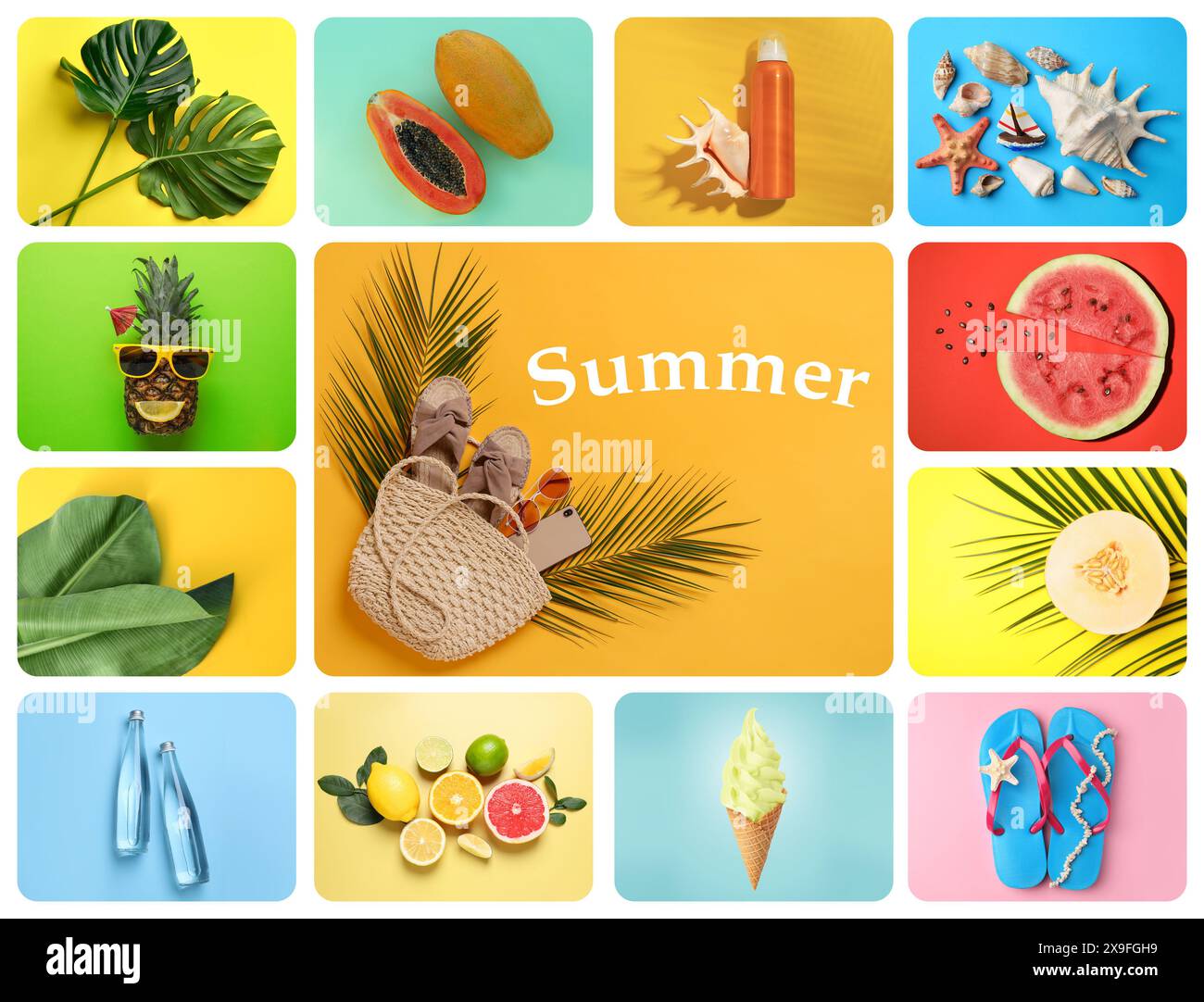 Bright collage with beach accessories and other summer stuff Stock ...