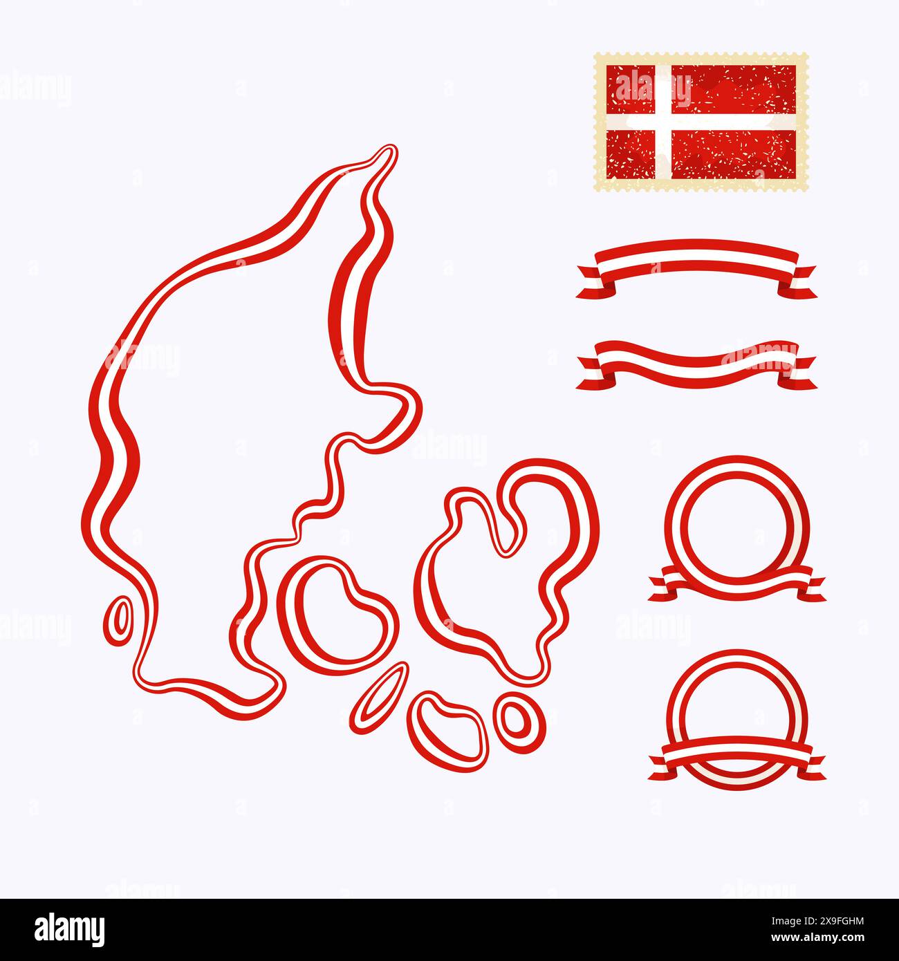 Outline map of Denmark. Border is marked with a ribbon in the national ...