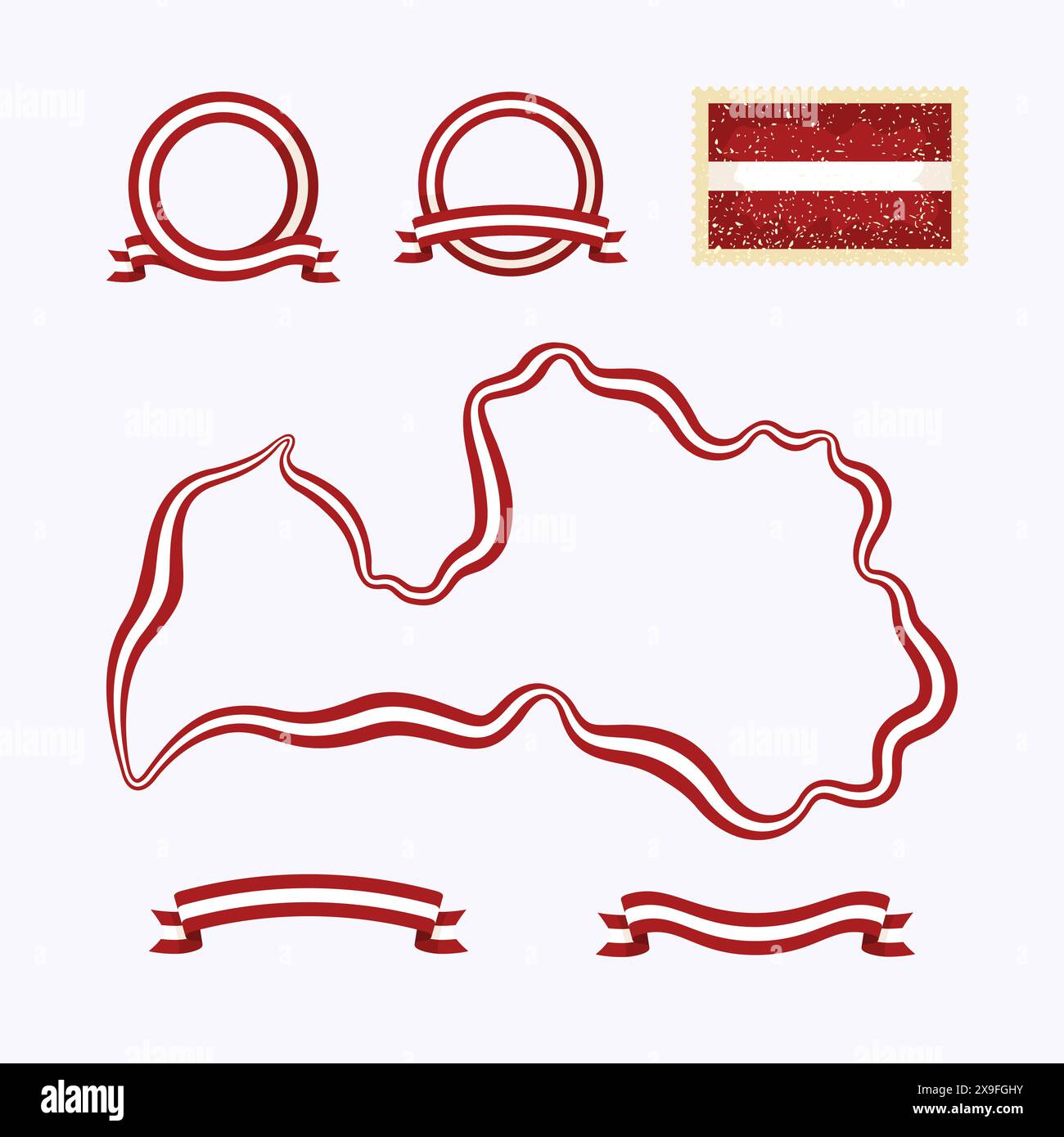 Outline map of Latvia. Border is marked with a ribbon in the national colors. The package ...
