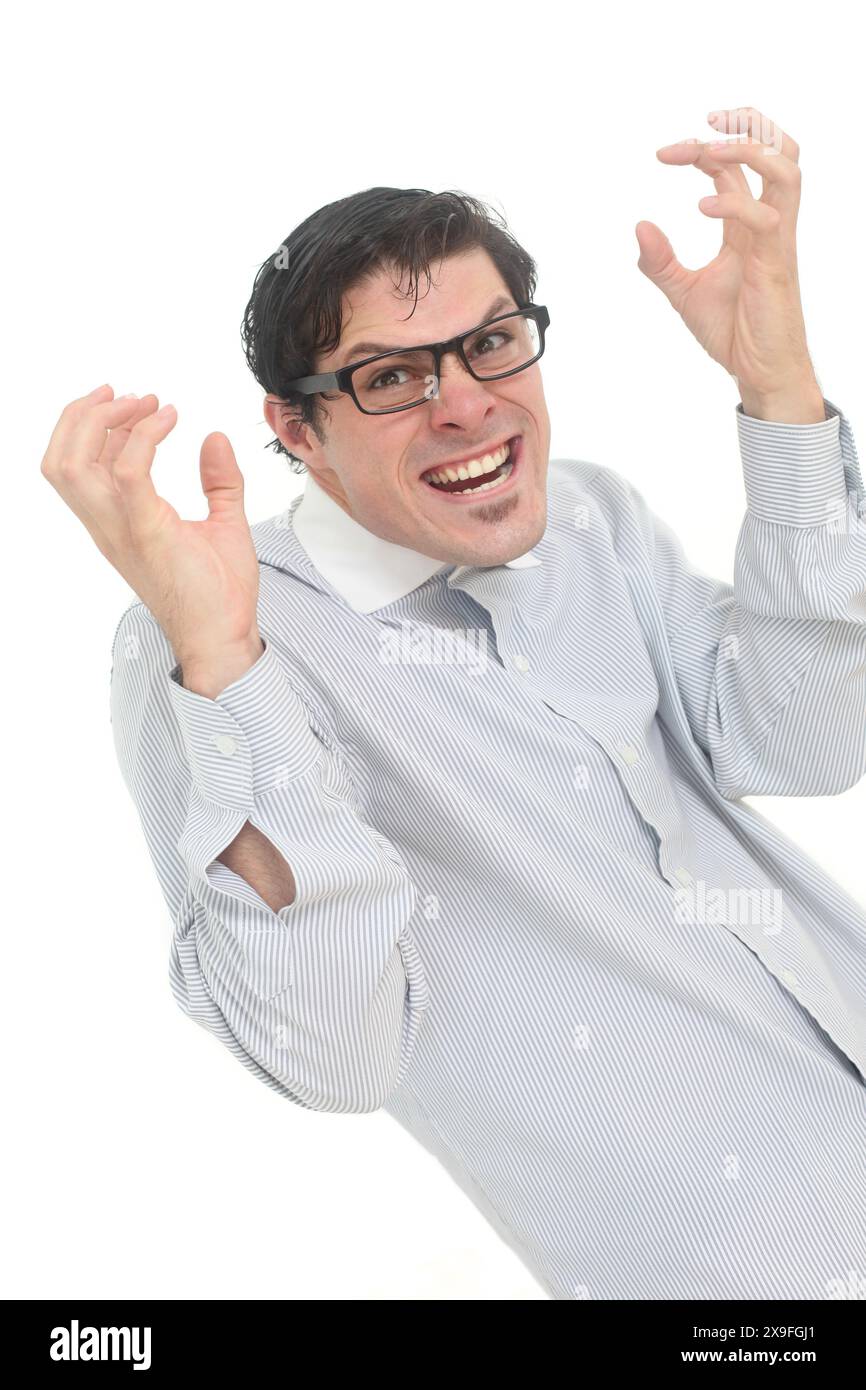 portrait of an angry evil nerd on white background Stock Photo - Alamy