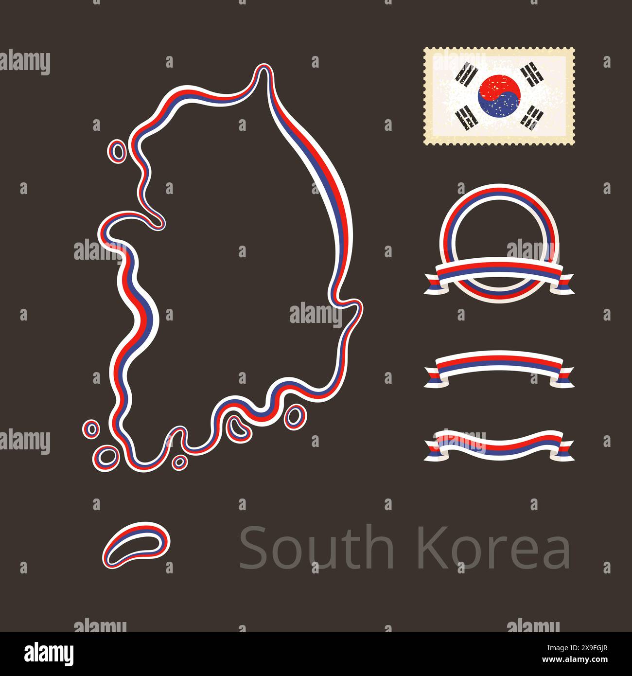 Outline map of South Korea marked with line in national colors, ribbons ...