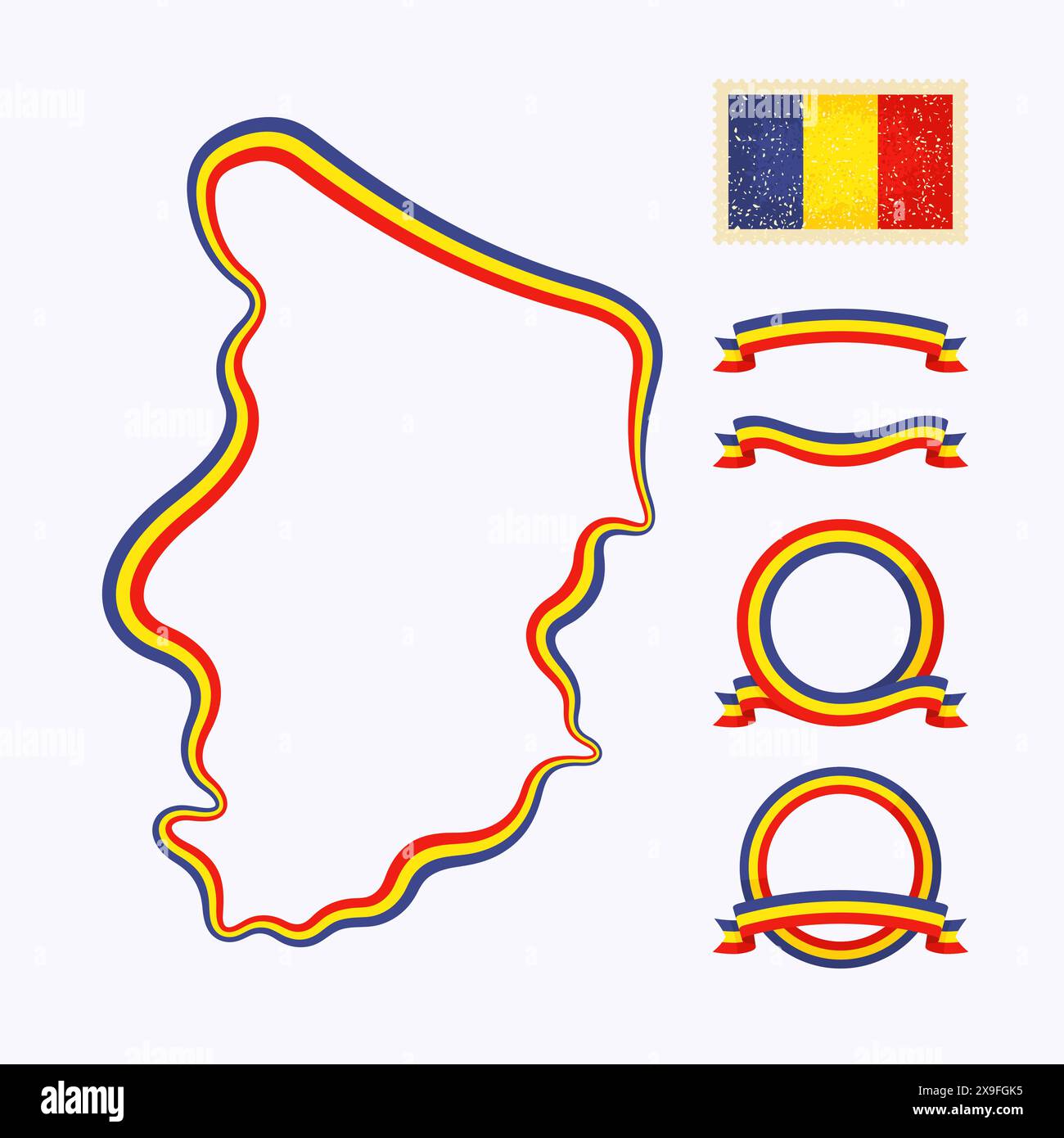 Outline map of Chad. Border is marked with ribbon in national colors. The package contains ...