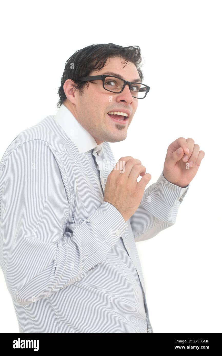 portrait of a nerdy young man on white background Stock Photo - Alamy