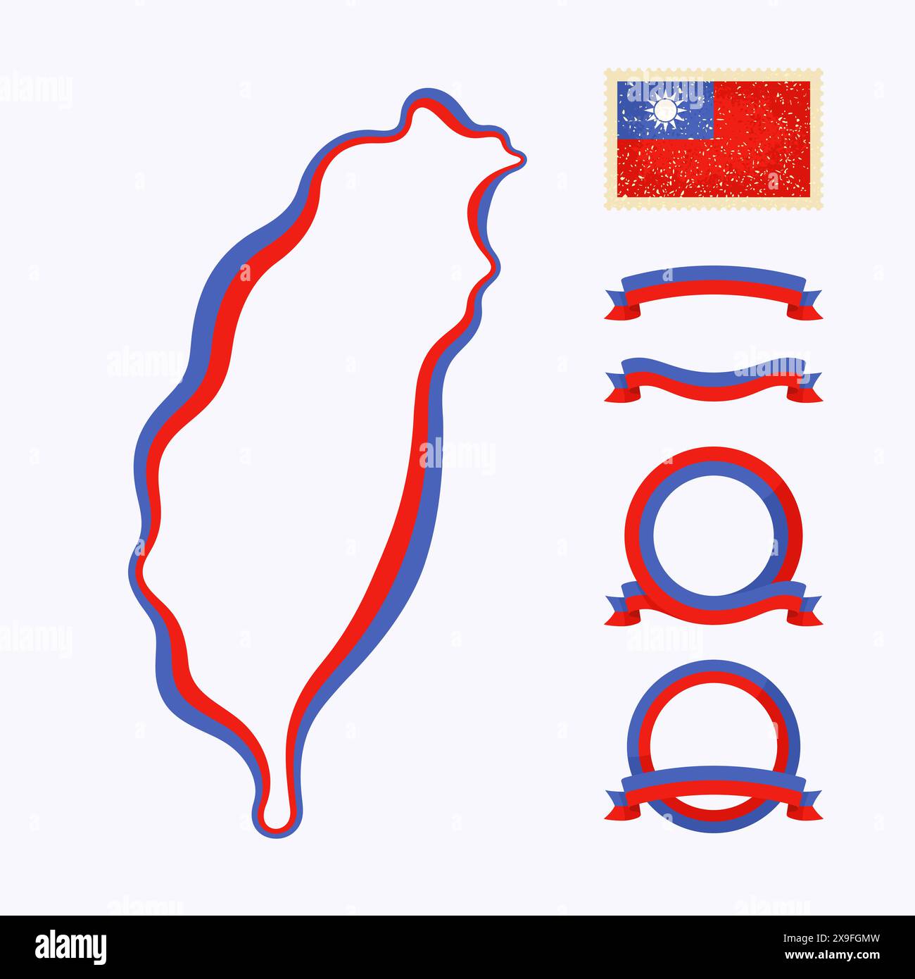 Outline map of Taiwan. Border is marked with ribbon in national colors ...