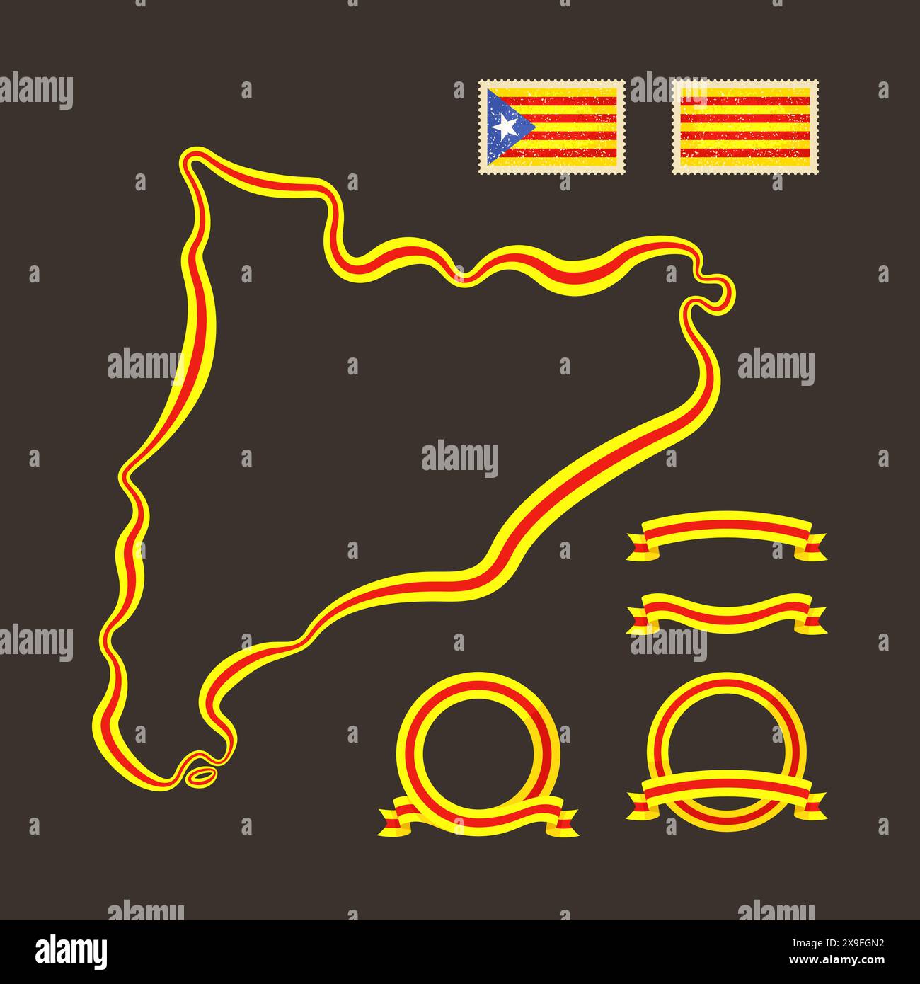 Outline map of Catalonia. Border is marked with ribbon in national ...