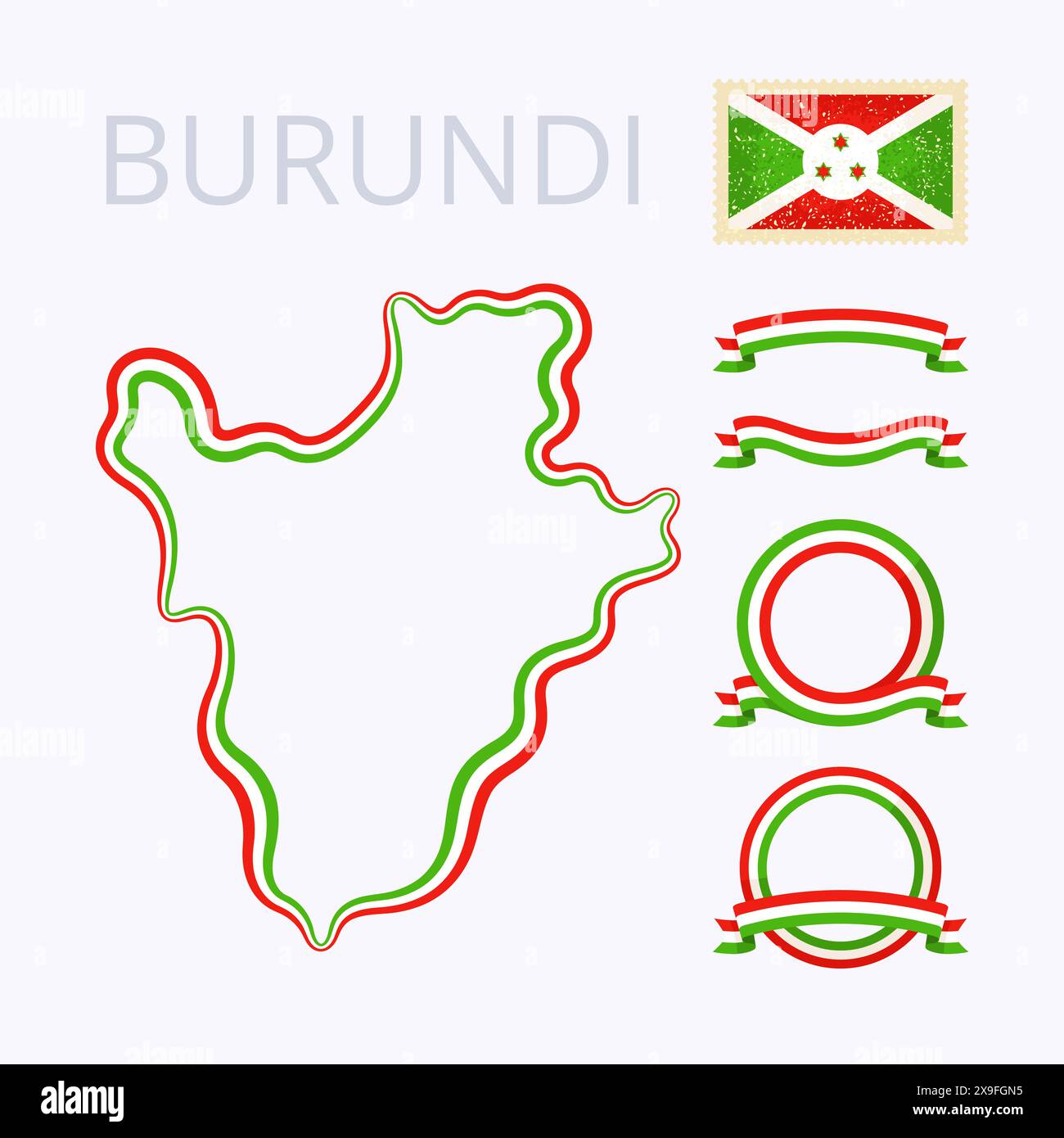 Outline map of Burundi. Border is marked with ribbon in national colors ...