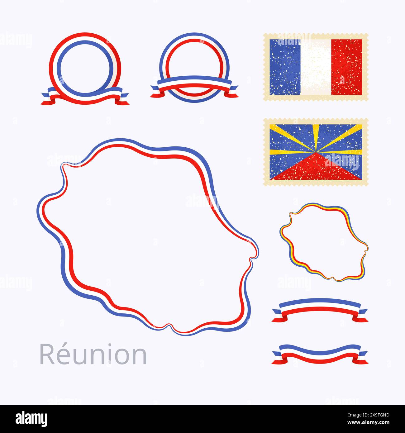 Outline map of Reunion. Border is marked with ribbon in national colors ...