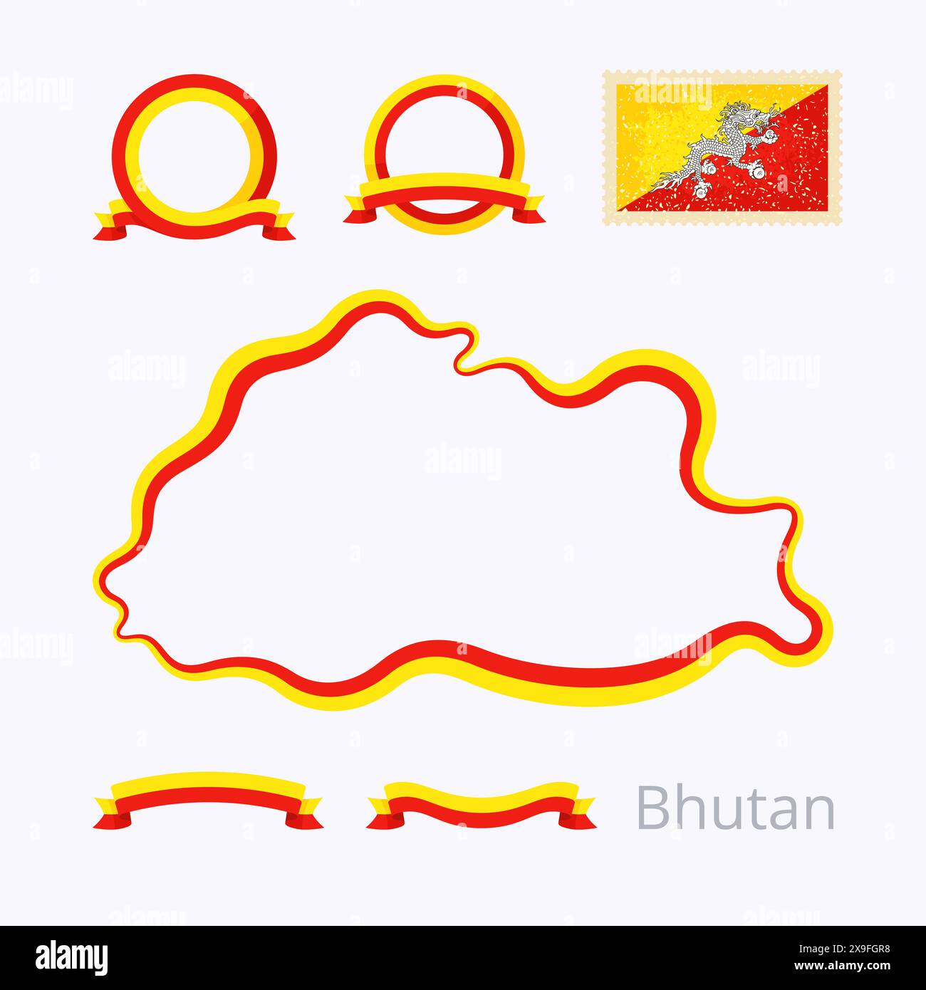 Outline map of Bhutan marked with line in national colors, ribbons and ...