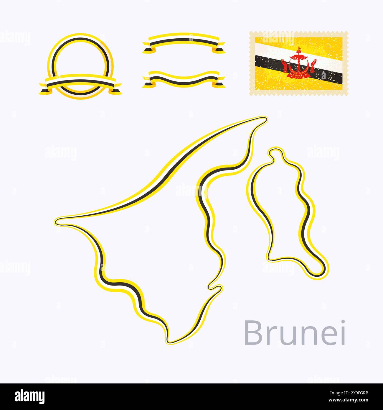 Outline map of Brunei marked with line in national colors, ribbons and ...