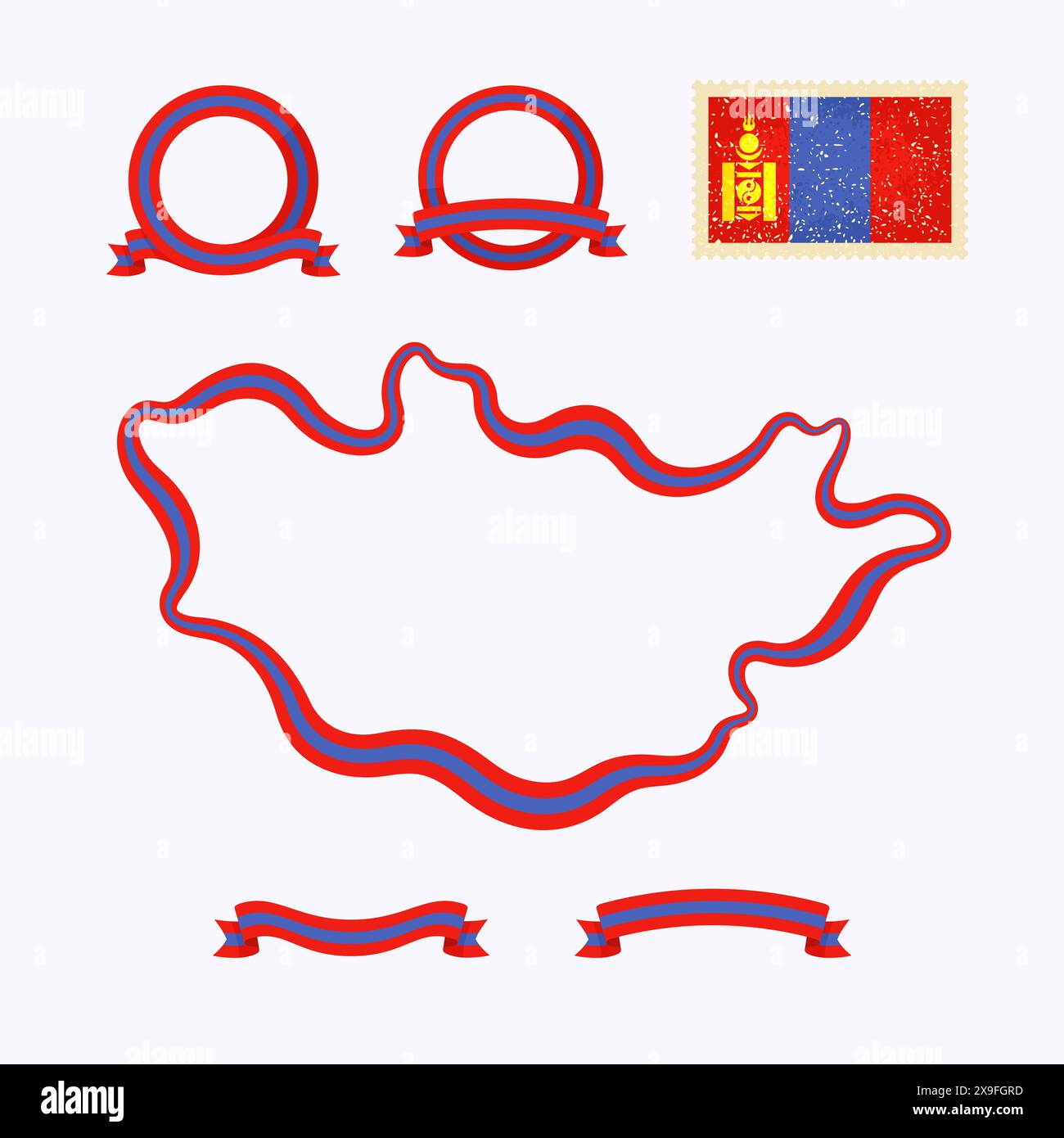 Outline map of Mongolia. Border is marked with ribbon in national ...