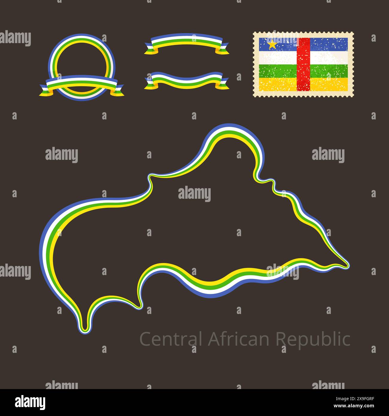 Outline map of Central African Republic. Border is marked with ribbon ...