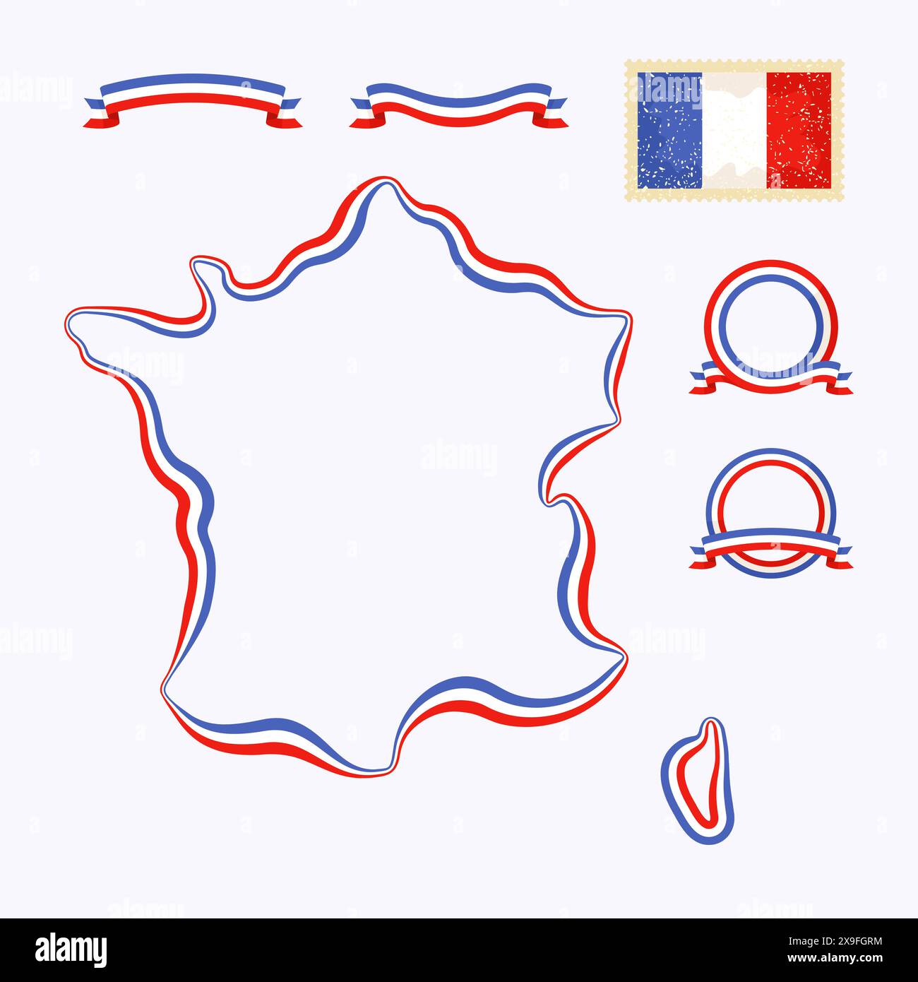 Outline map of France. Border is marked with a ribbon in the national ...