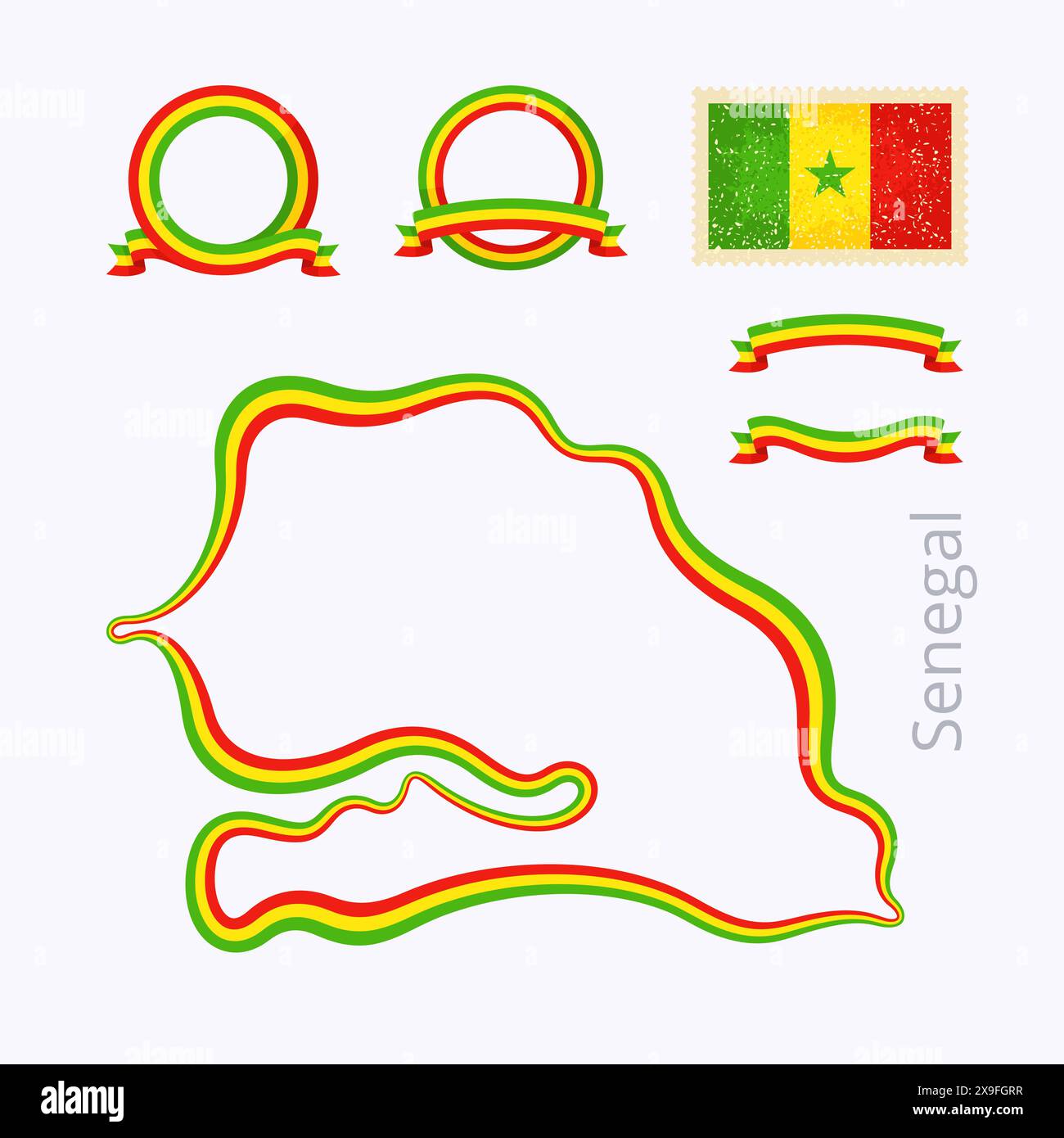 Outline map of Senegal. Border is marked with ribbon in national colors ...