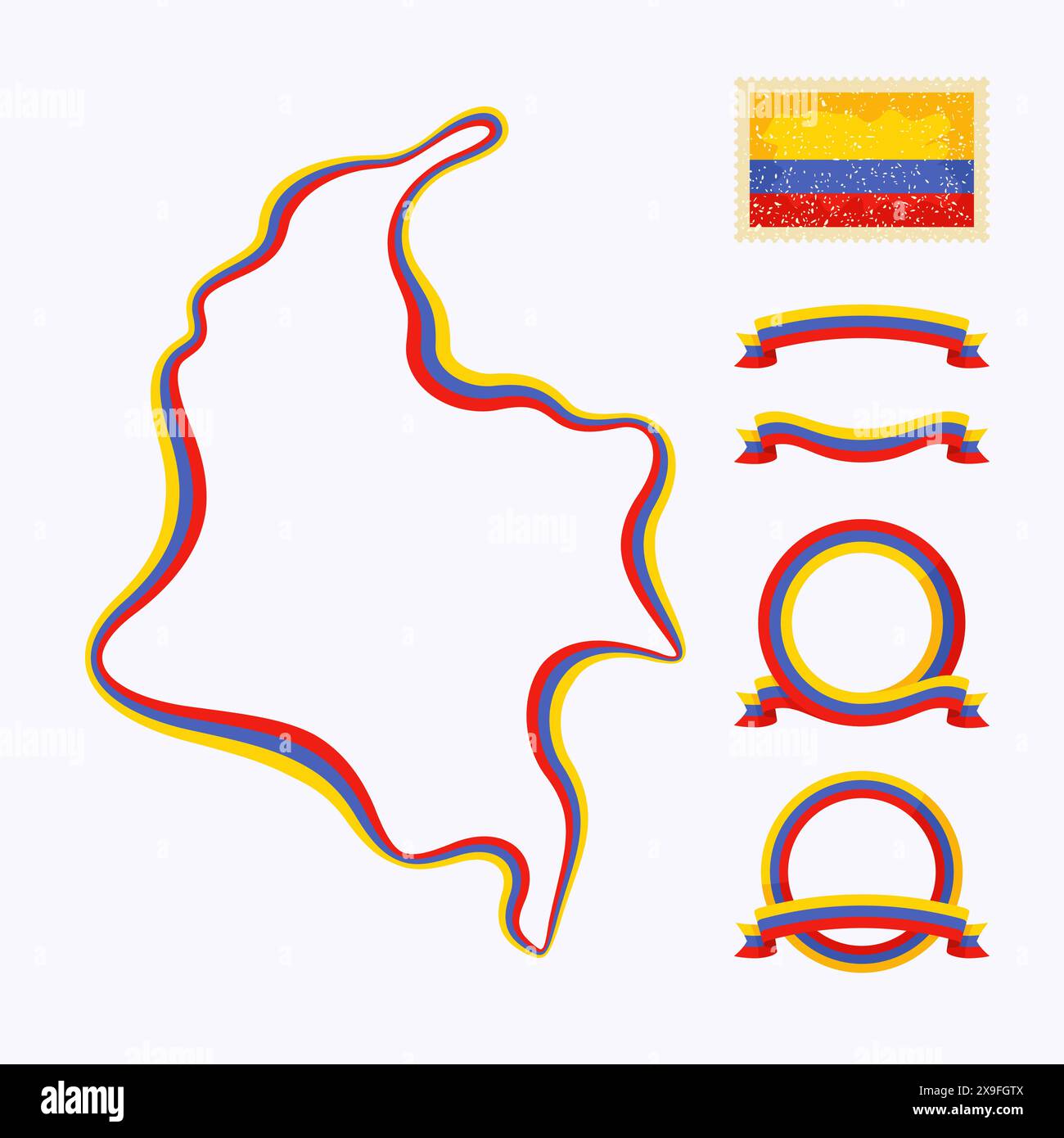 Outline map of Colombia. Border is marked with a ribbon in the national ...