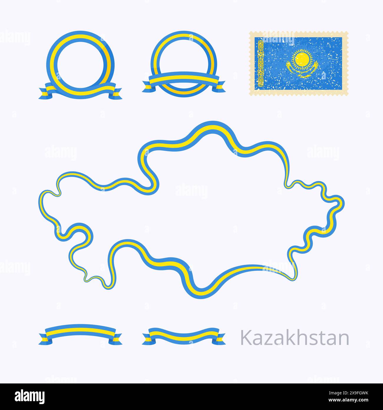 Outline map of Kazakhstan marked with line in national colors, ribbons ...