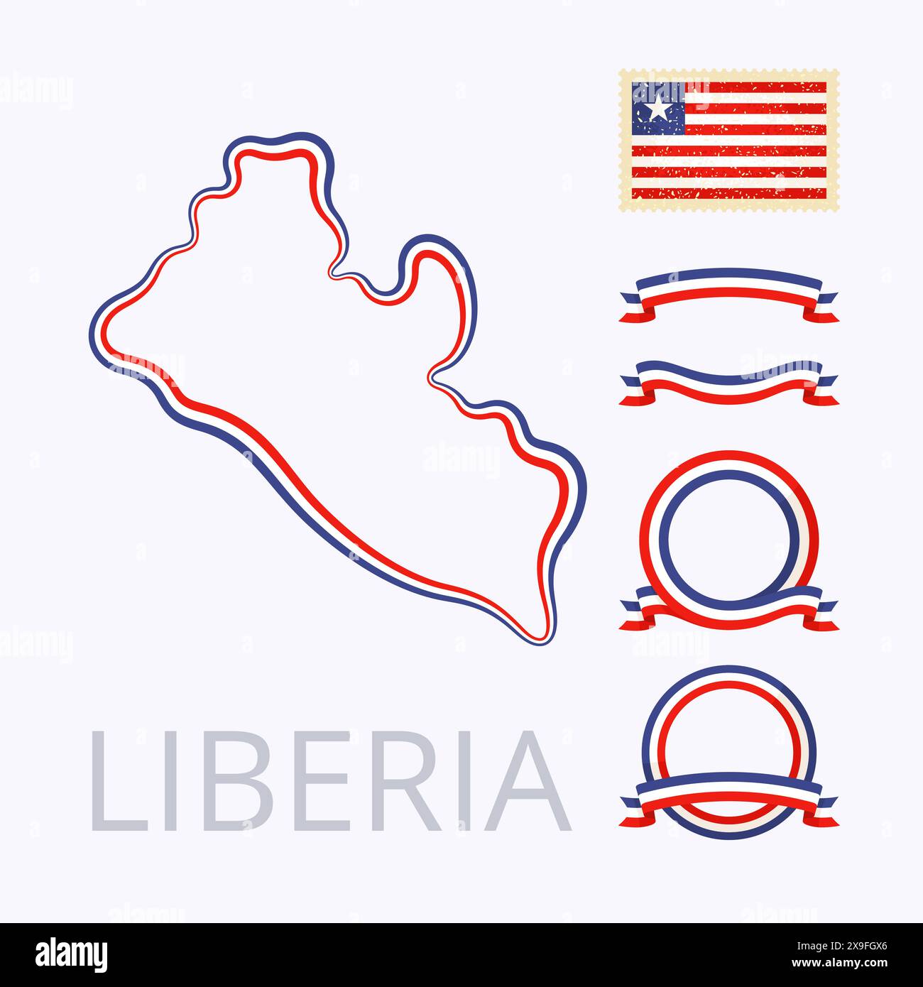 Outline map of Liberia. Border is marked with ribbon in national colors ...