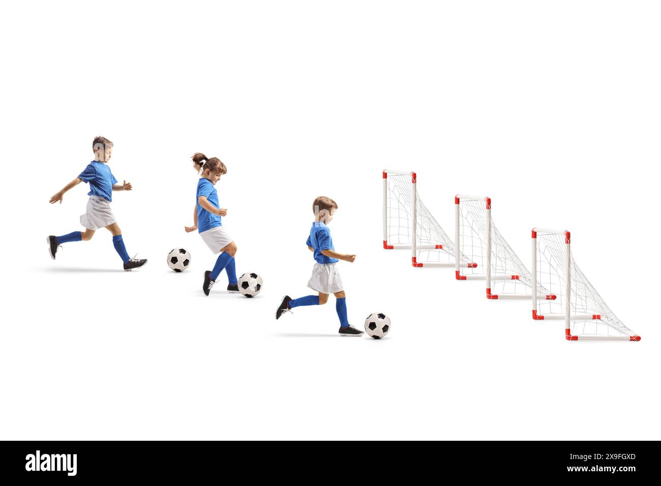 Children running with footballs towards goals isolated on white ...
