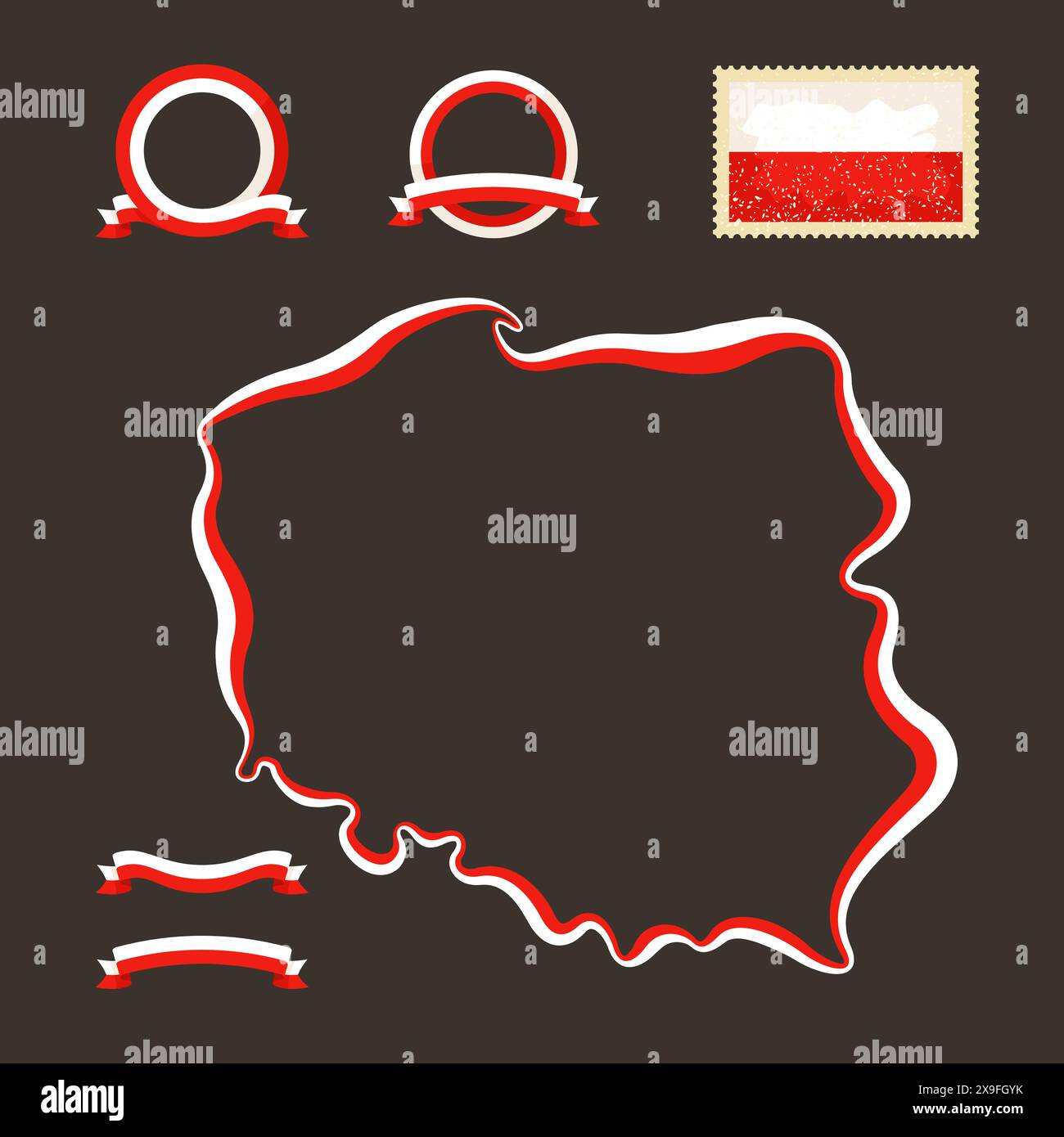 Outline map of Poland. Border is marked with a ribbon in the national ...