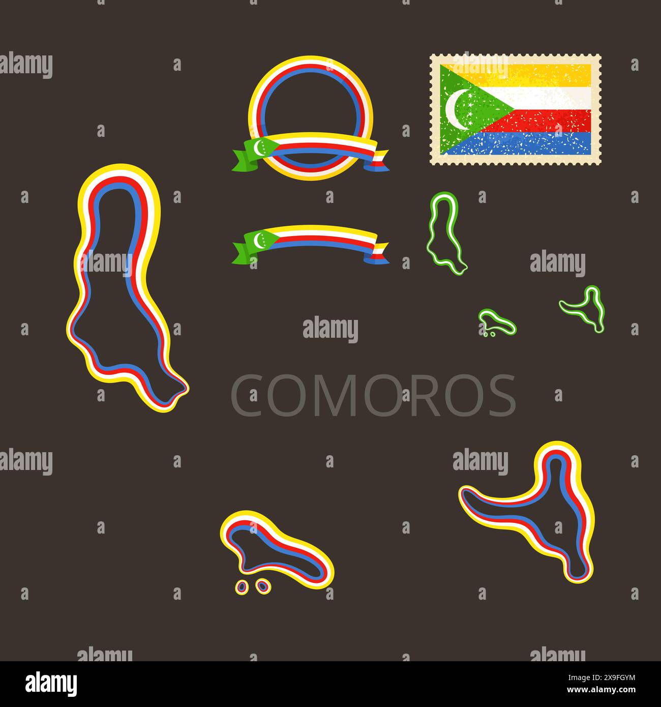 Outline map of Comoros. Border is marked with ribbon in national colors ...