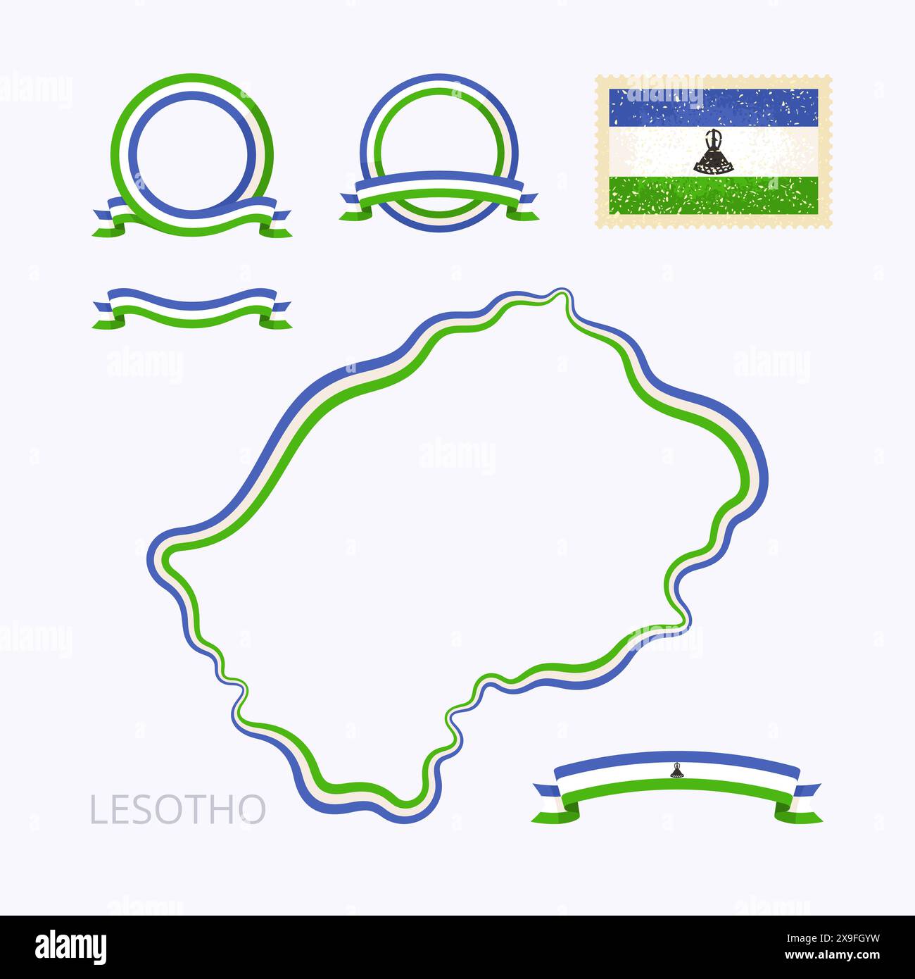 Outline map of Lesotho. Border is marked with ribbon in national colors ...
