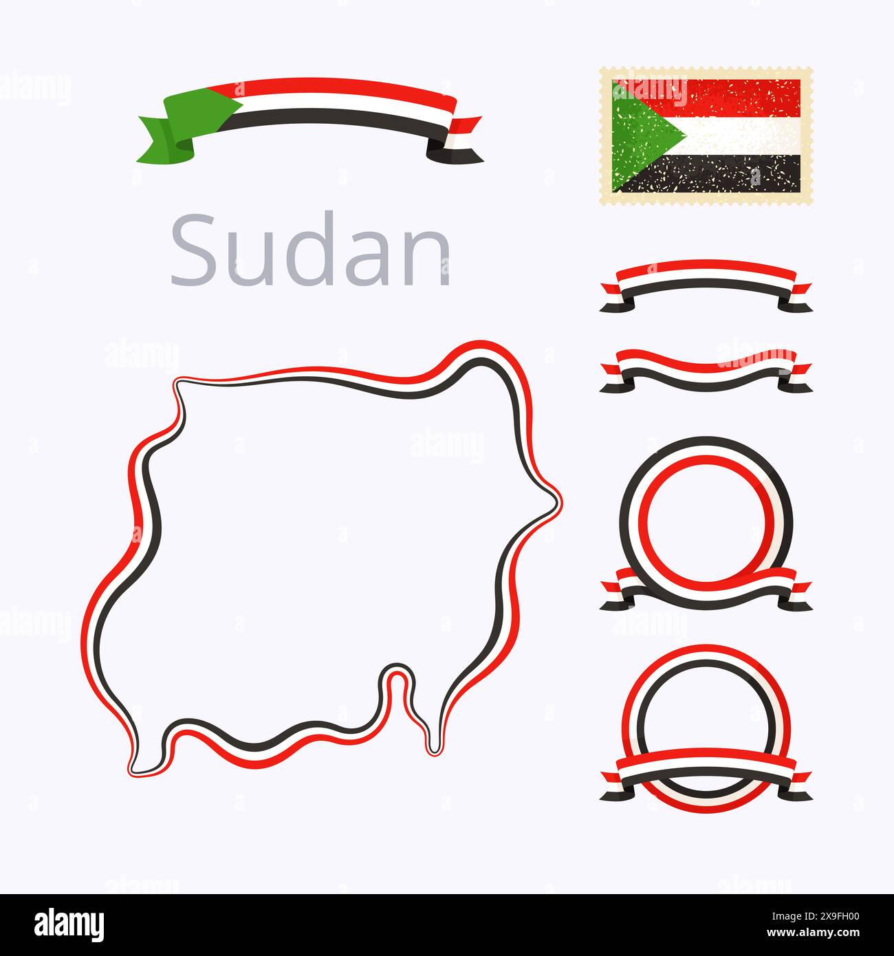 Outline map of Sudan. Border is marked with ribbon in national colors ...